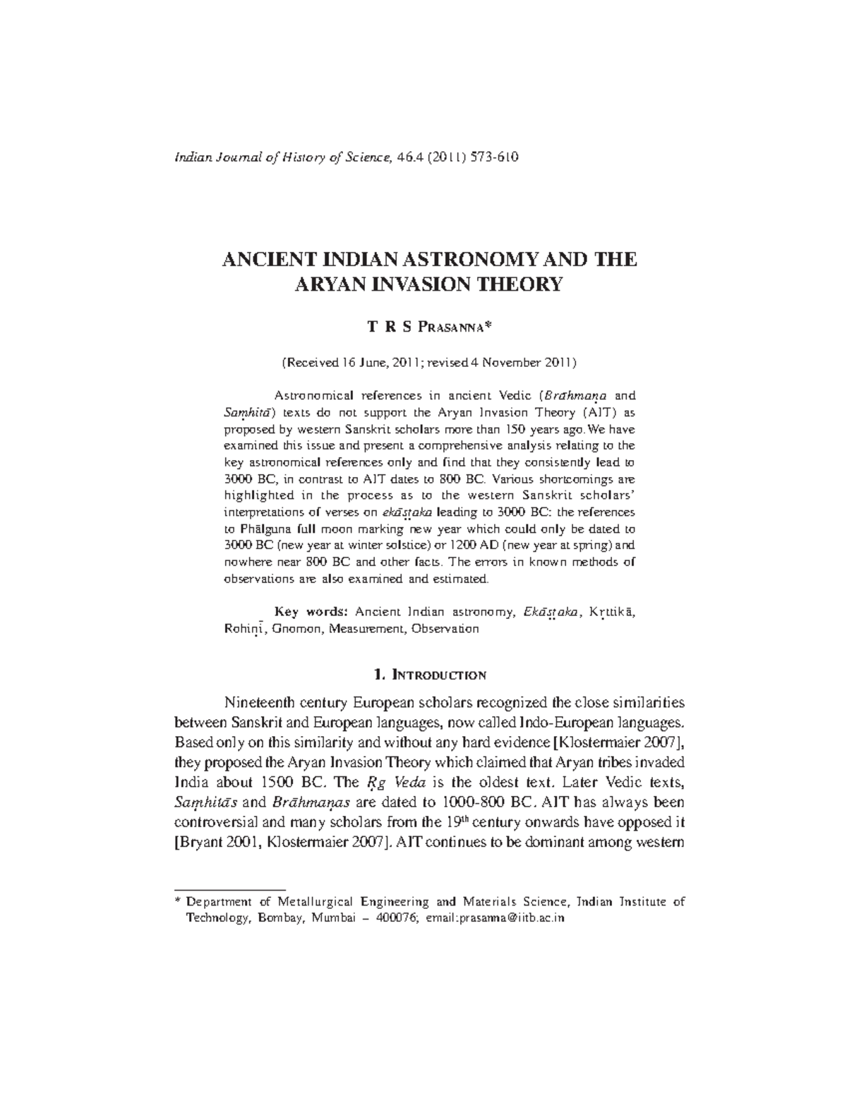 Ancient Indian Astronomy AND THE Aryan - Indian Journal of History of ...