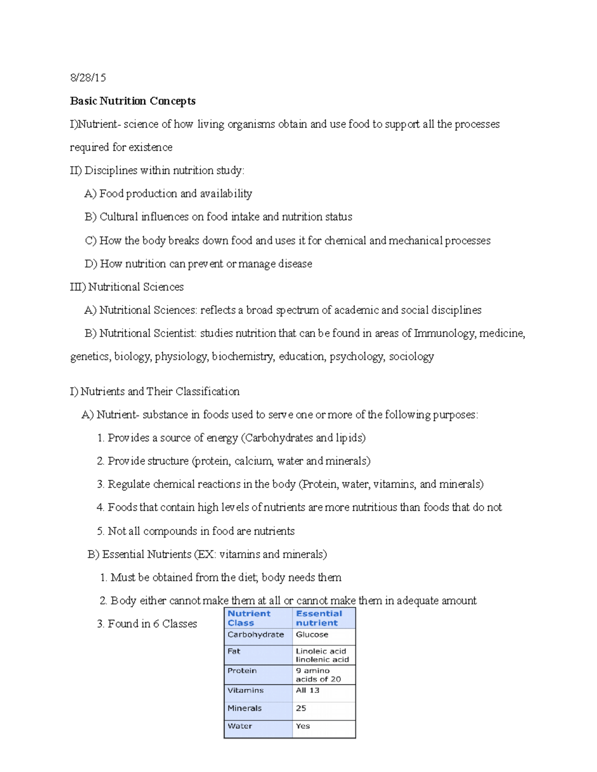Notes for Nutrition - 8/28/15 Basic Nutrition Concepts I)Nutrient ...