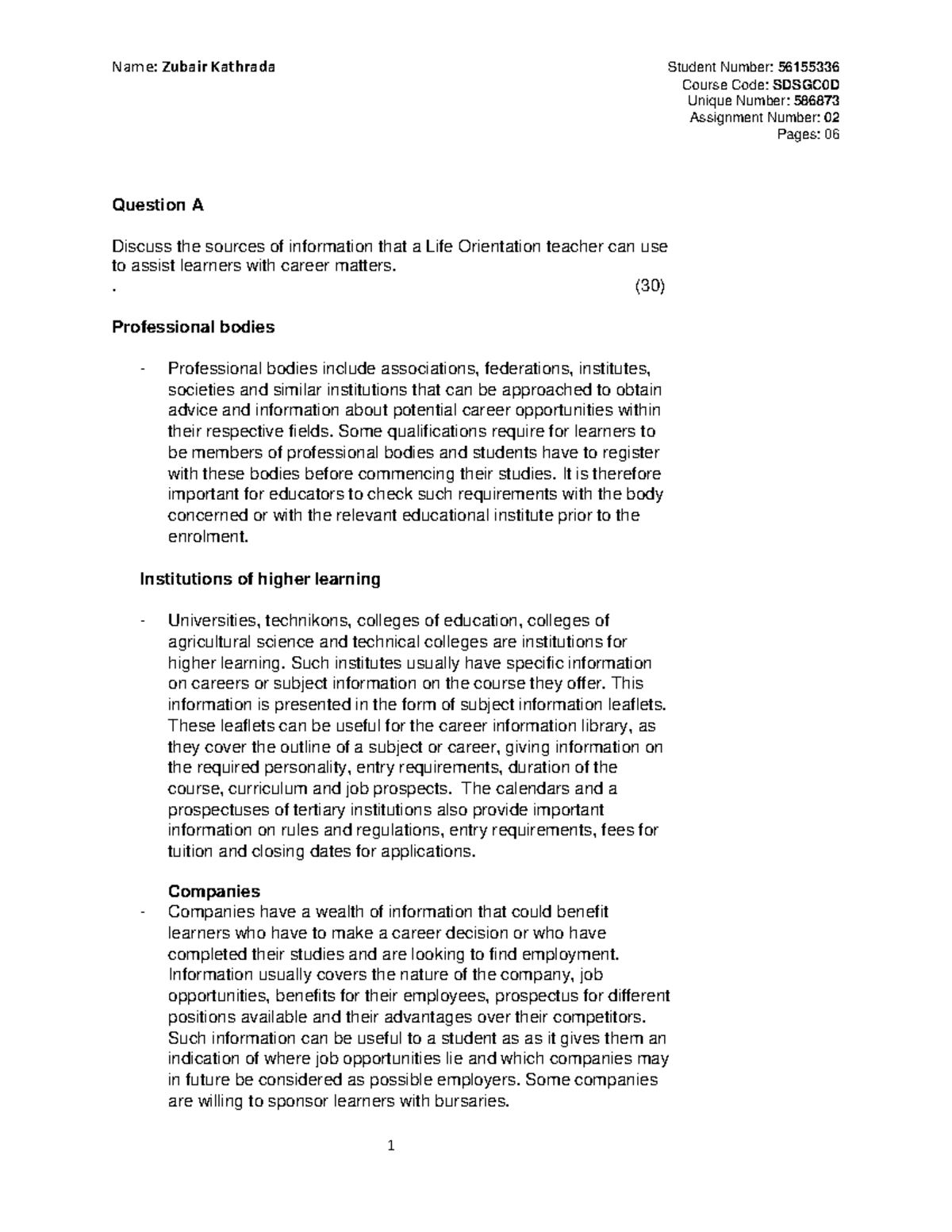 Assignment 2 pdf - Notes - Course Code: SDSGC0D Unique Number: 586873 ...