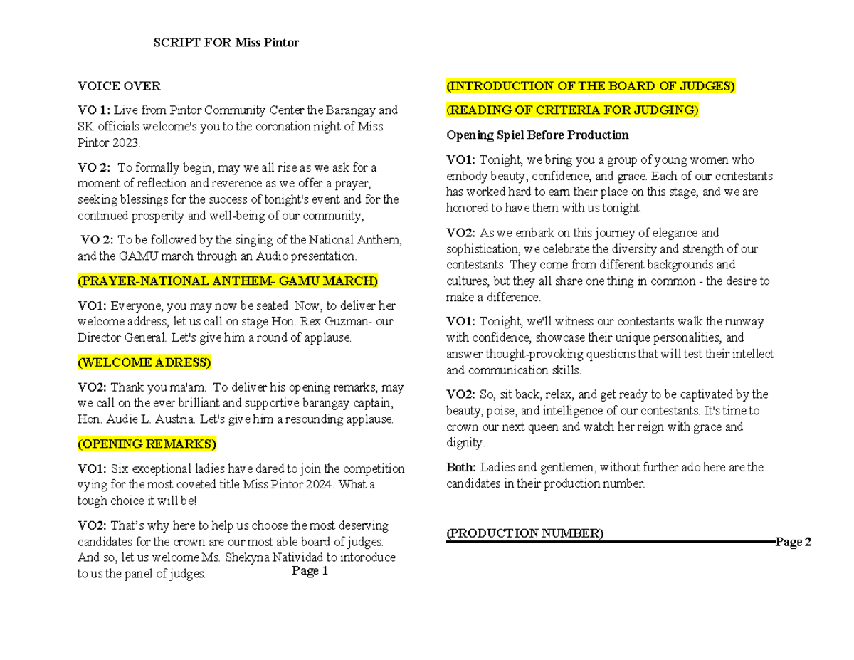 Final Script miss pintor 2024 - VOICE OVER VO 1: Live from Pintor ...