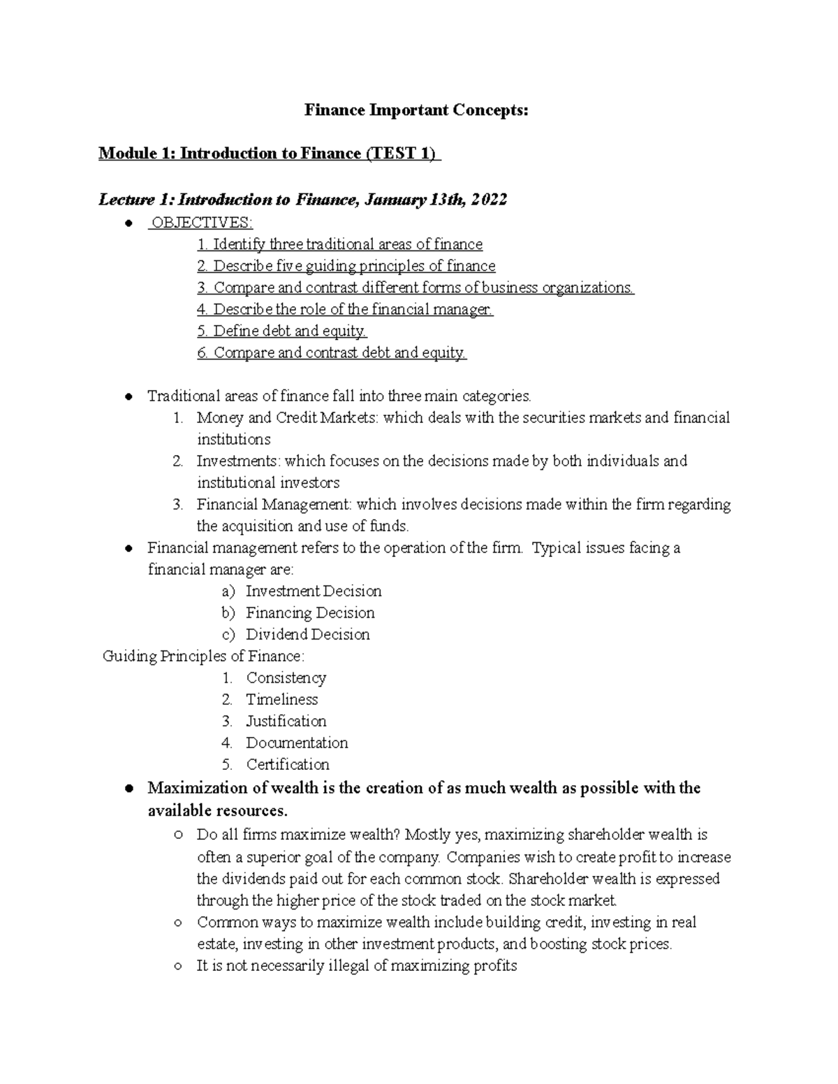 FINA3000 Finance Study Guide over Lectures 1-10 - Finance Important ...