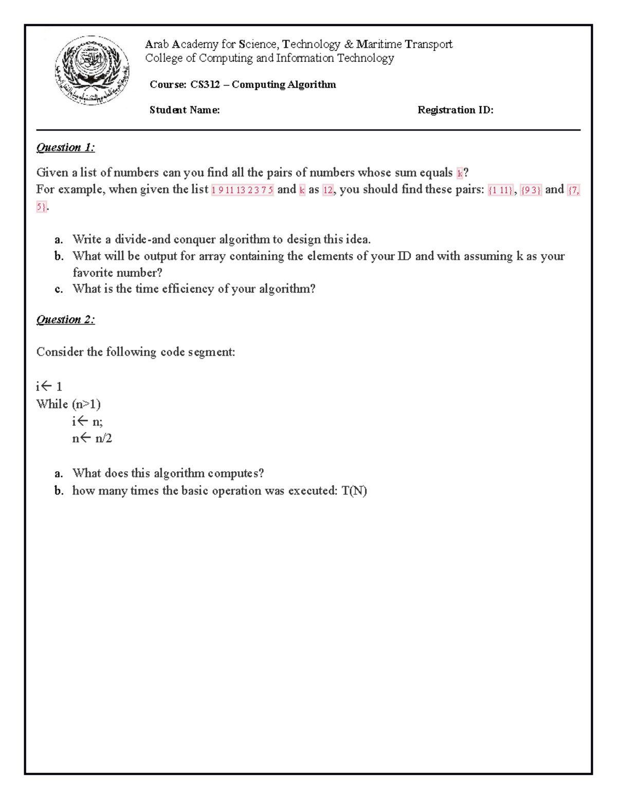 Computing Algorithm Section 12th week evaluation 10 Marks V1 - A rab A cademy for S cience, T ...