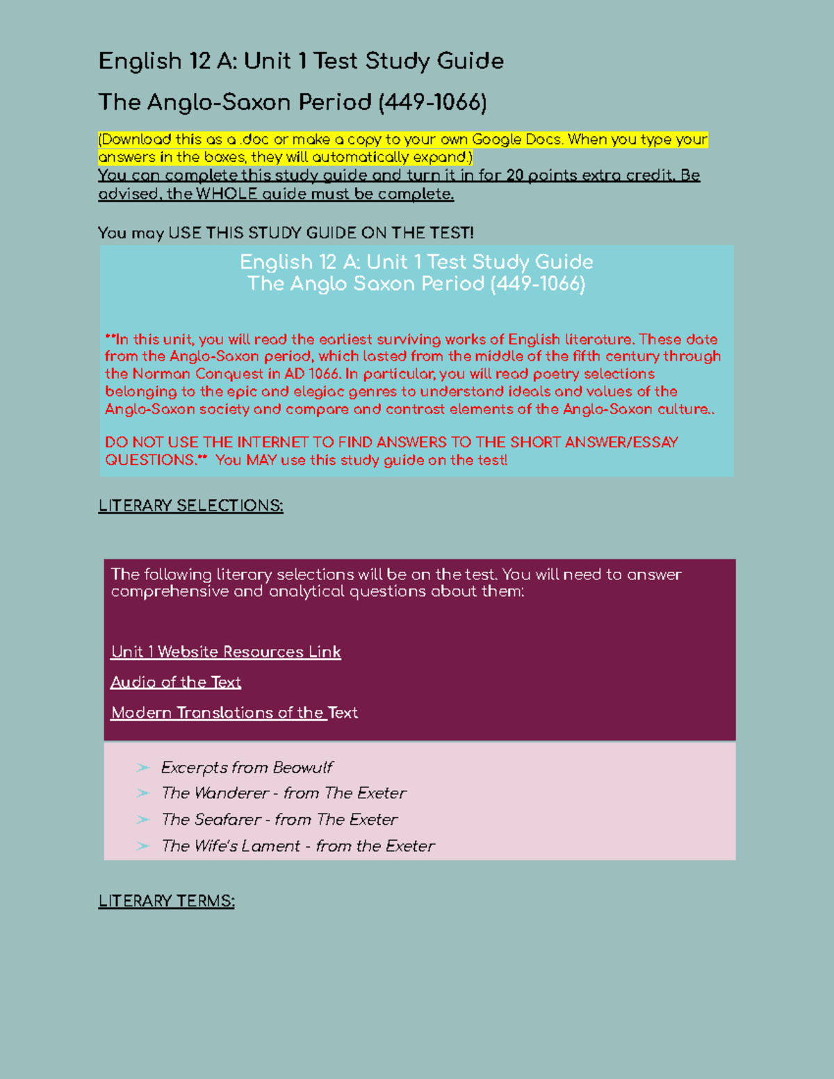 Copy of Copy of English 12A Unit 1 Test Study Guide - The Anglo-Saxon ...