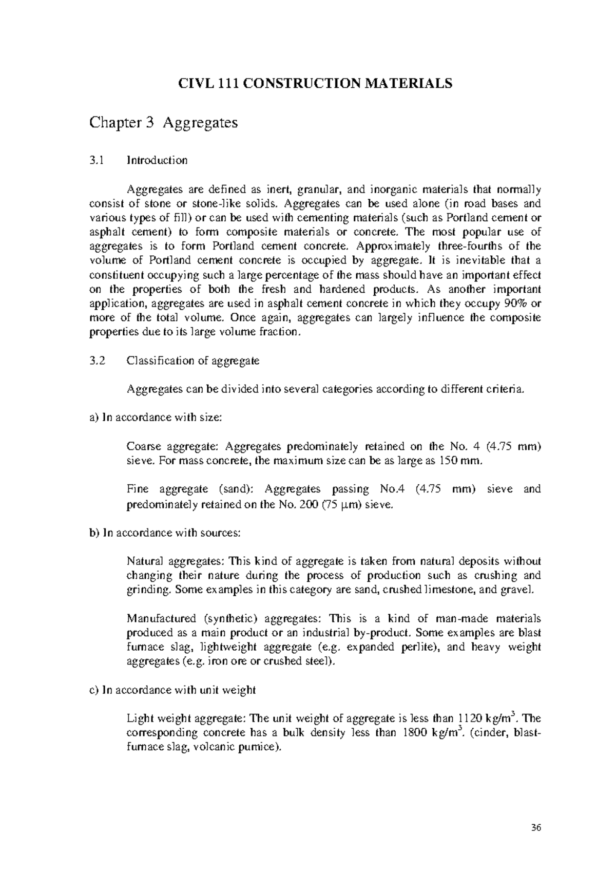 Chapter 3- Aggregates - CIVL 111 CONSTRUCTION MATERIALS Chapter 3 ...