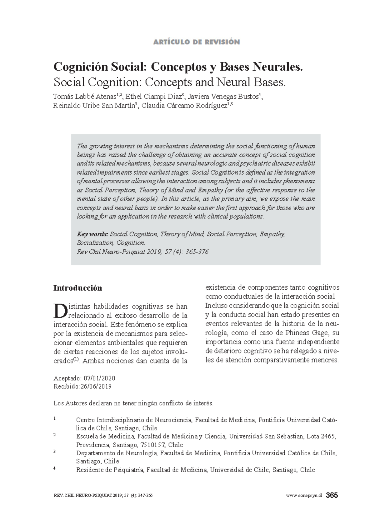Cognición Social Conceptos y Bases Neurales - TOMÁS LABBÉ ATENAS, et ...