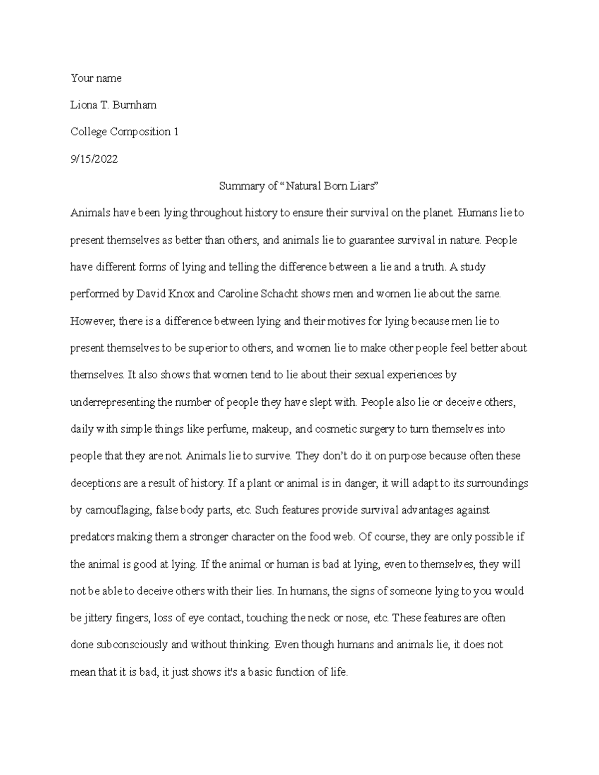 Summary of Natural Born Liars - Your name Liona T. Burnham College ...