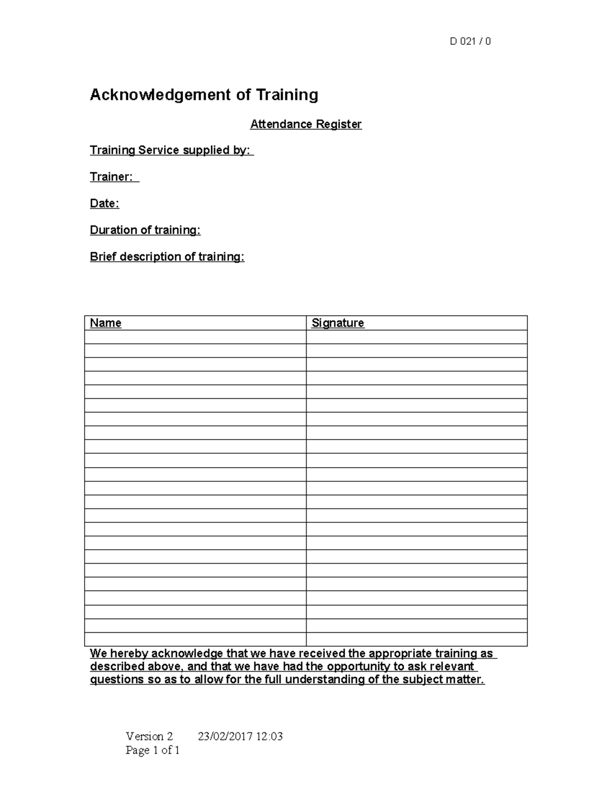 Employee Training Record - NWEG5111 - D 021 / 0 Acknowledgement of ...