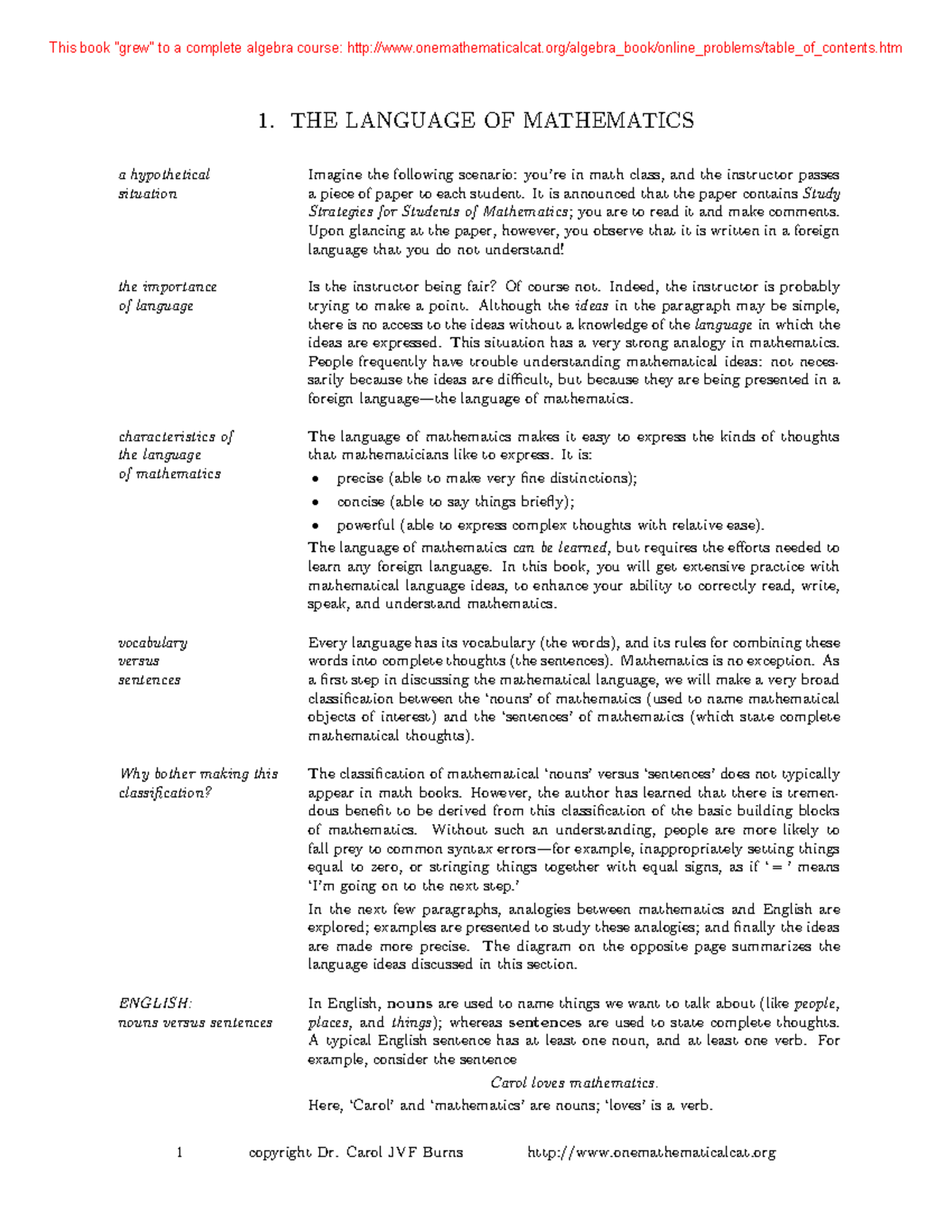 Reading 2.1 Burns, C. (2004-2019 ), The Language of Mathematics - 1. THE LANGUAGE OF MATHEMATICS ...