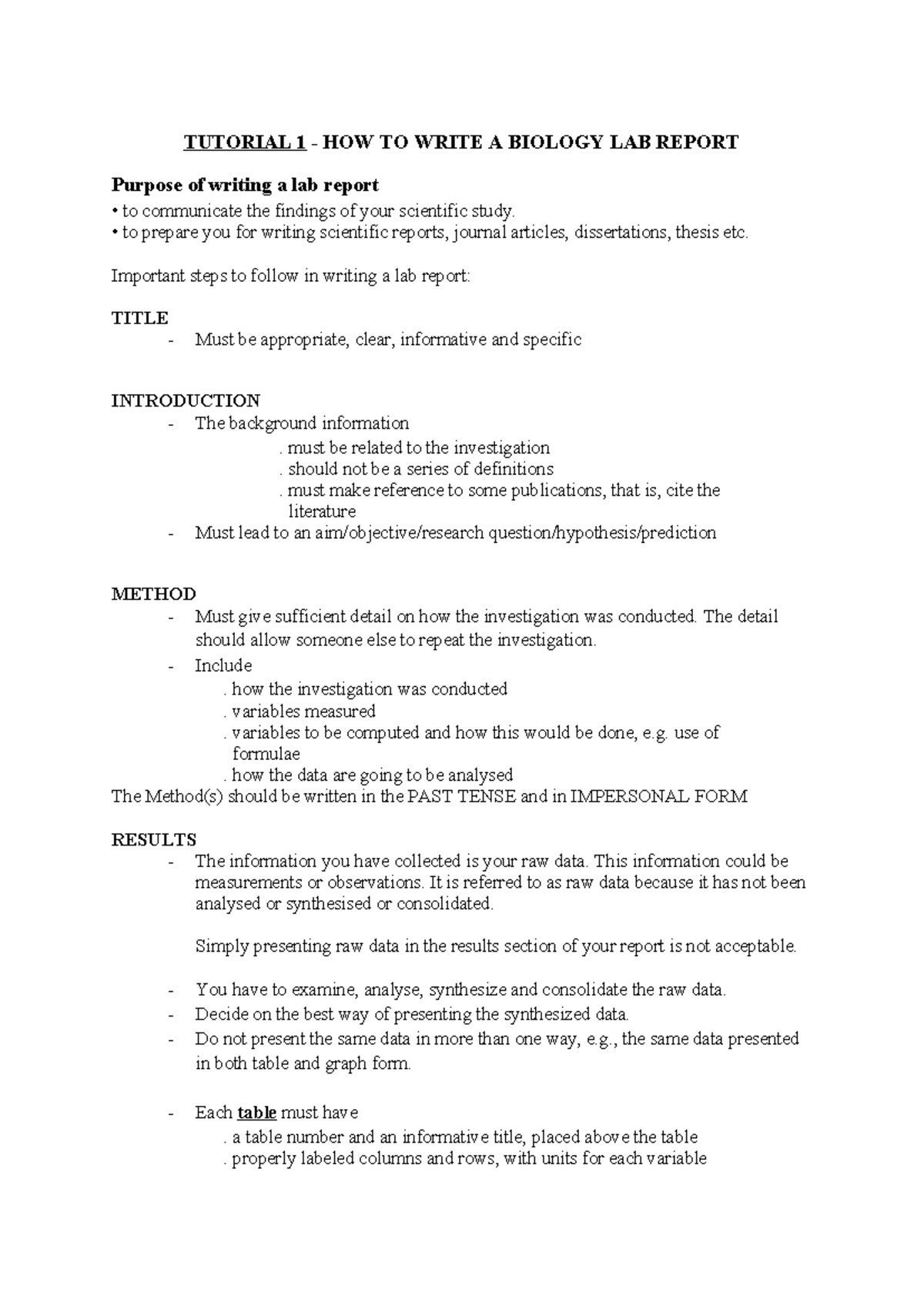 Tutorial bio 1 - Martial - TUTORIAL 1 - HOW TO WRITE A BIOLOGY LAB ...