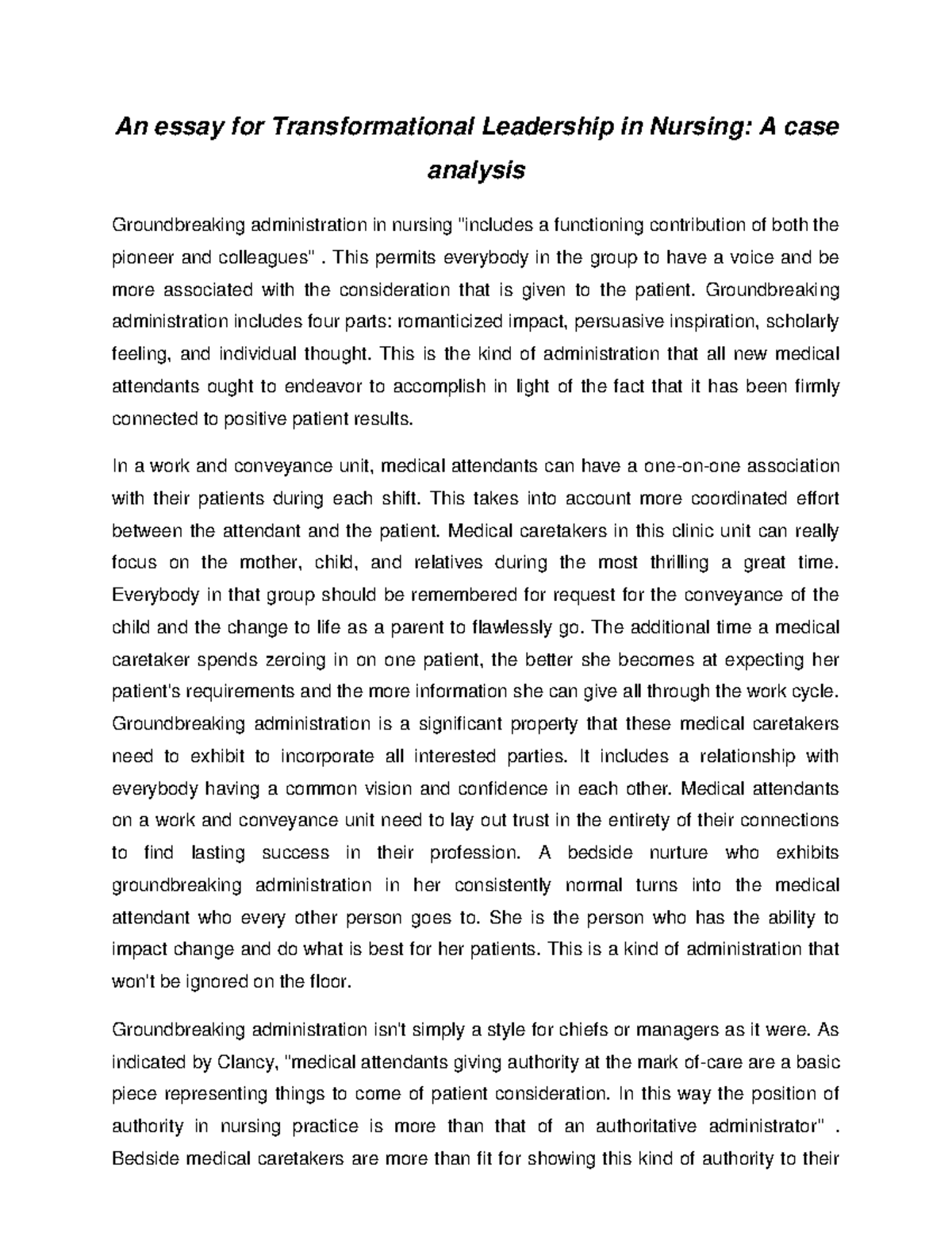 An essay for Transformational Leadership in Nursing: A case analysis ...