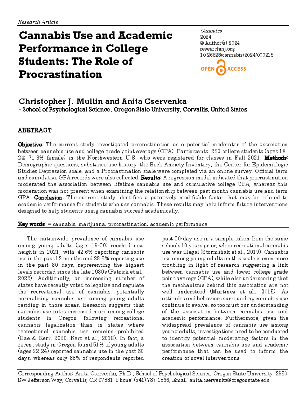 Cannabis Use and Academic Performance in College S - Research Article ...