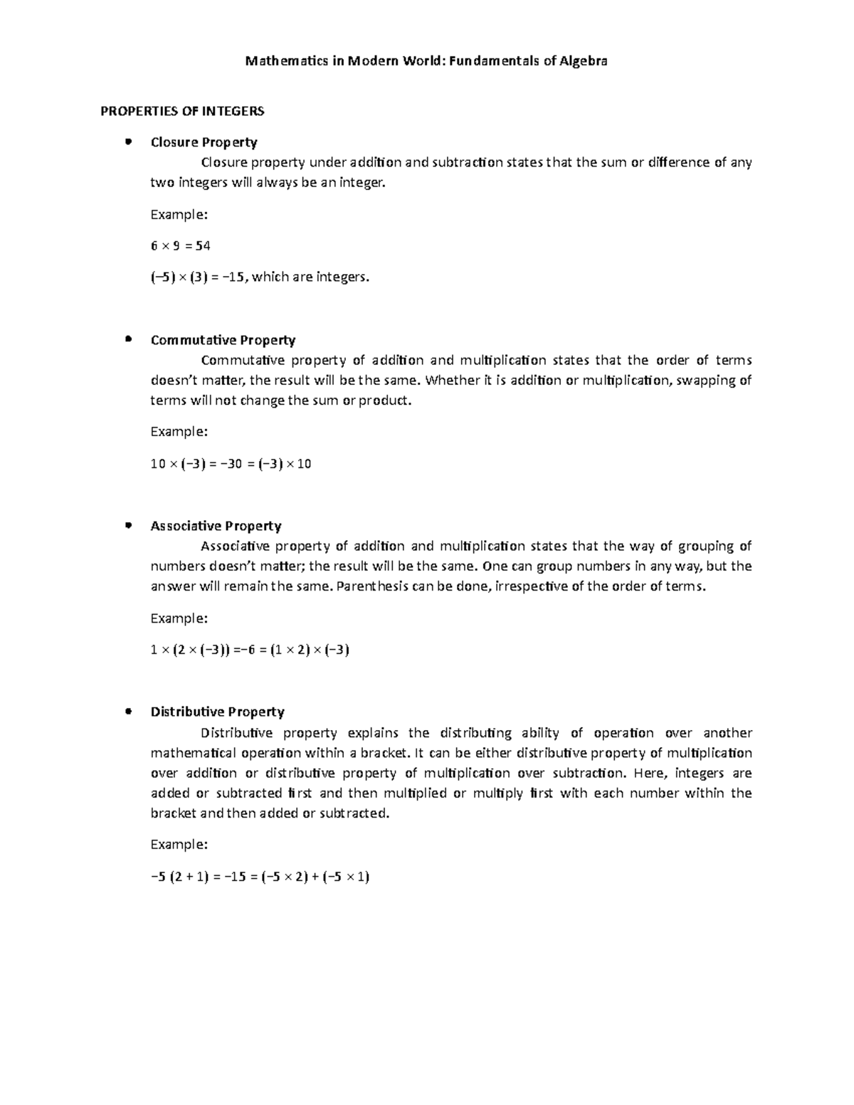 MMW Algebra-Fundamentals - PROPERTIES OF INTEGERS Closure Property ...