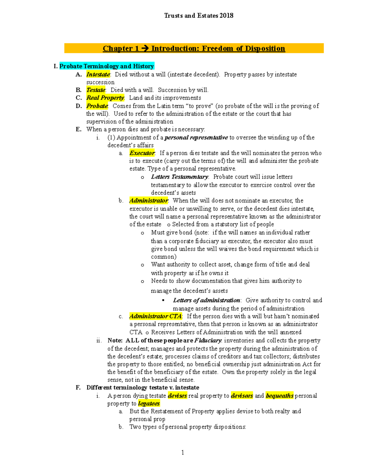 Wills Outline (Midterm) - Chapter 1 Introduction: Freedom of ...