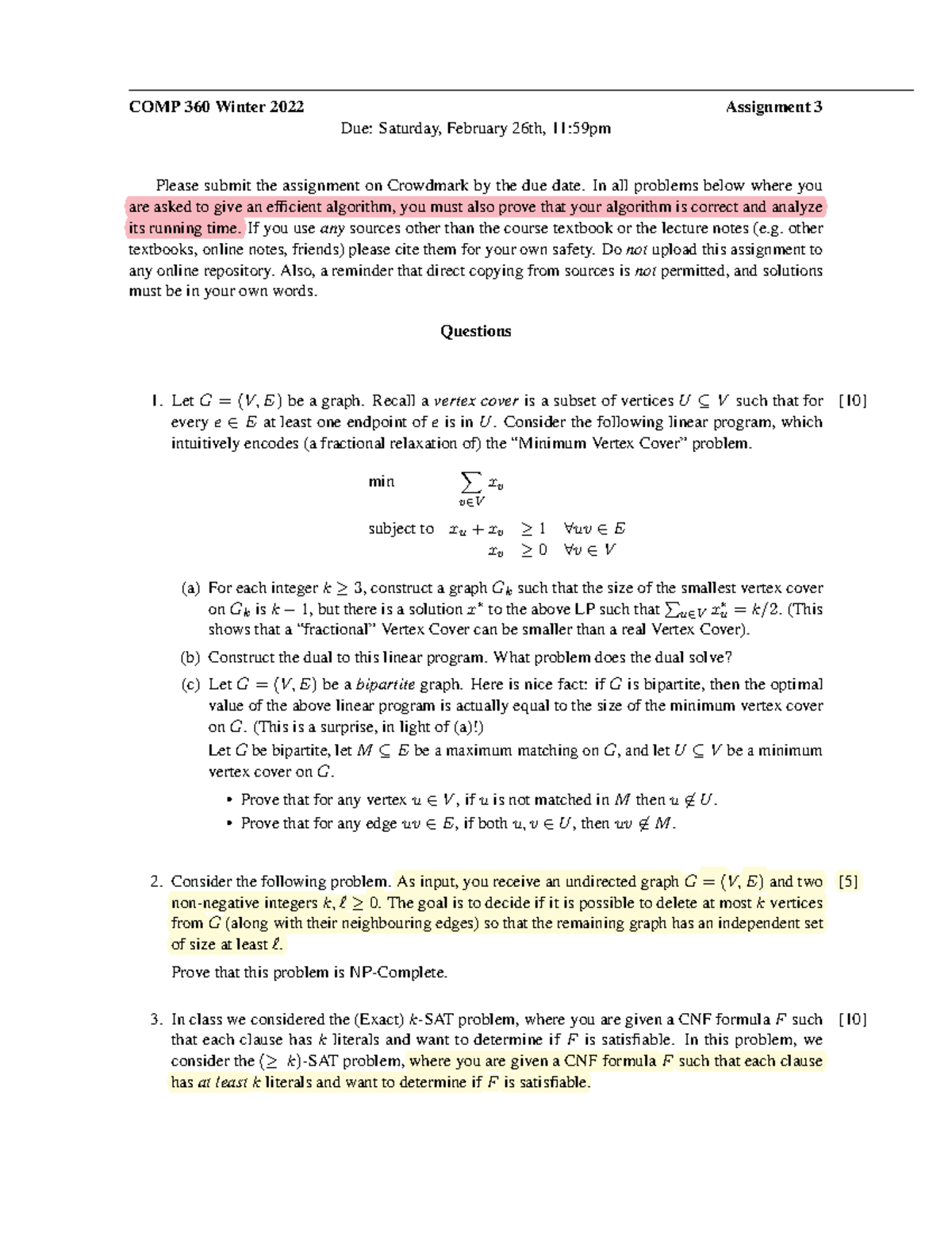 A3 - Third Assignment - COMP 360 Winter 2022 Assignment 3 Due: Saturday, February 26th, 11:59pm ...