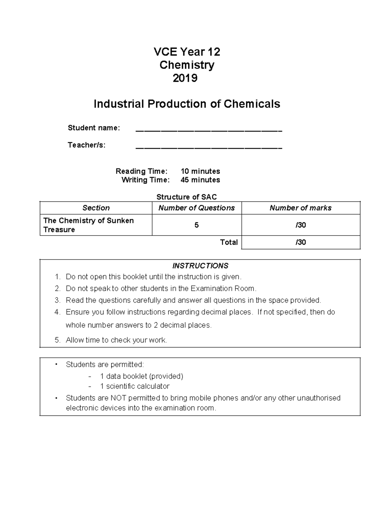 Year 12 Chemistry CAT 3 - 2019 - Rates, Equilibrium and Electrolysis ...