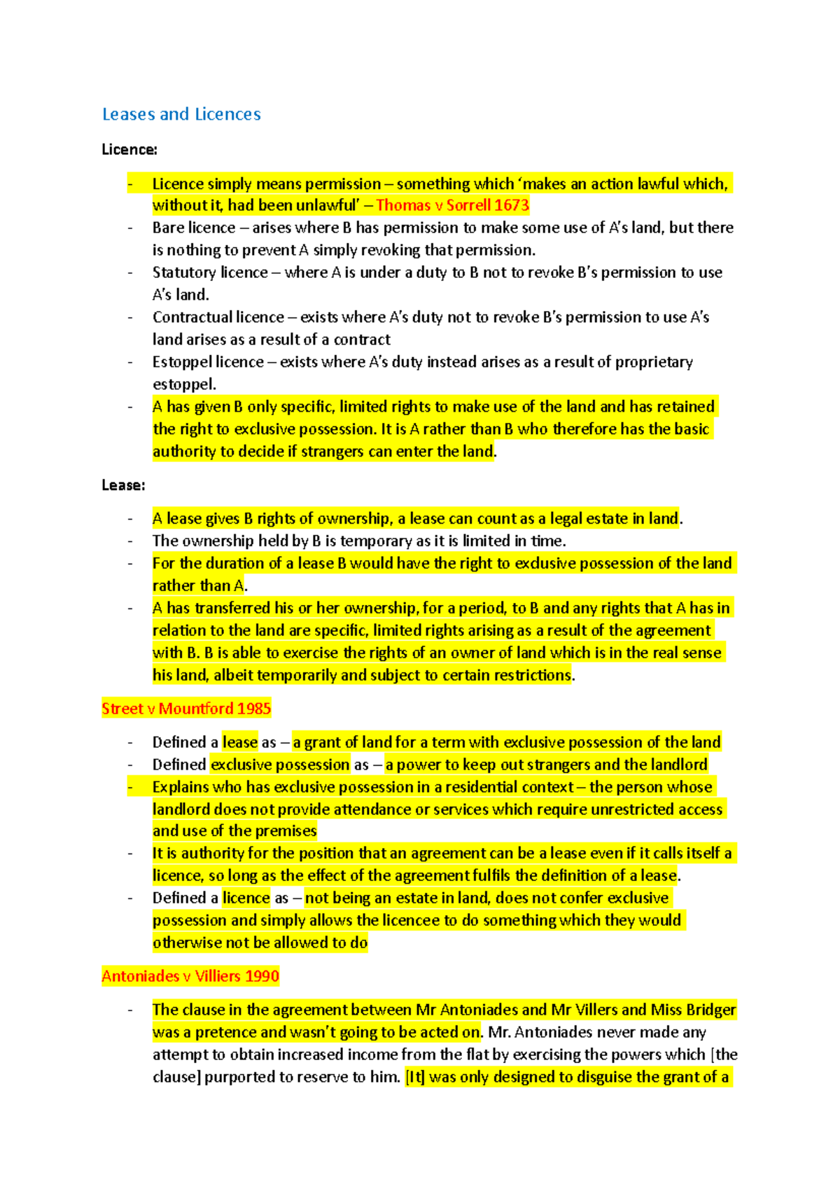 Leases and Licences - Revision notes for exam - Leases and Licences ...