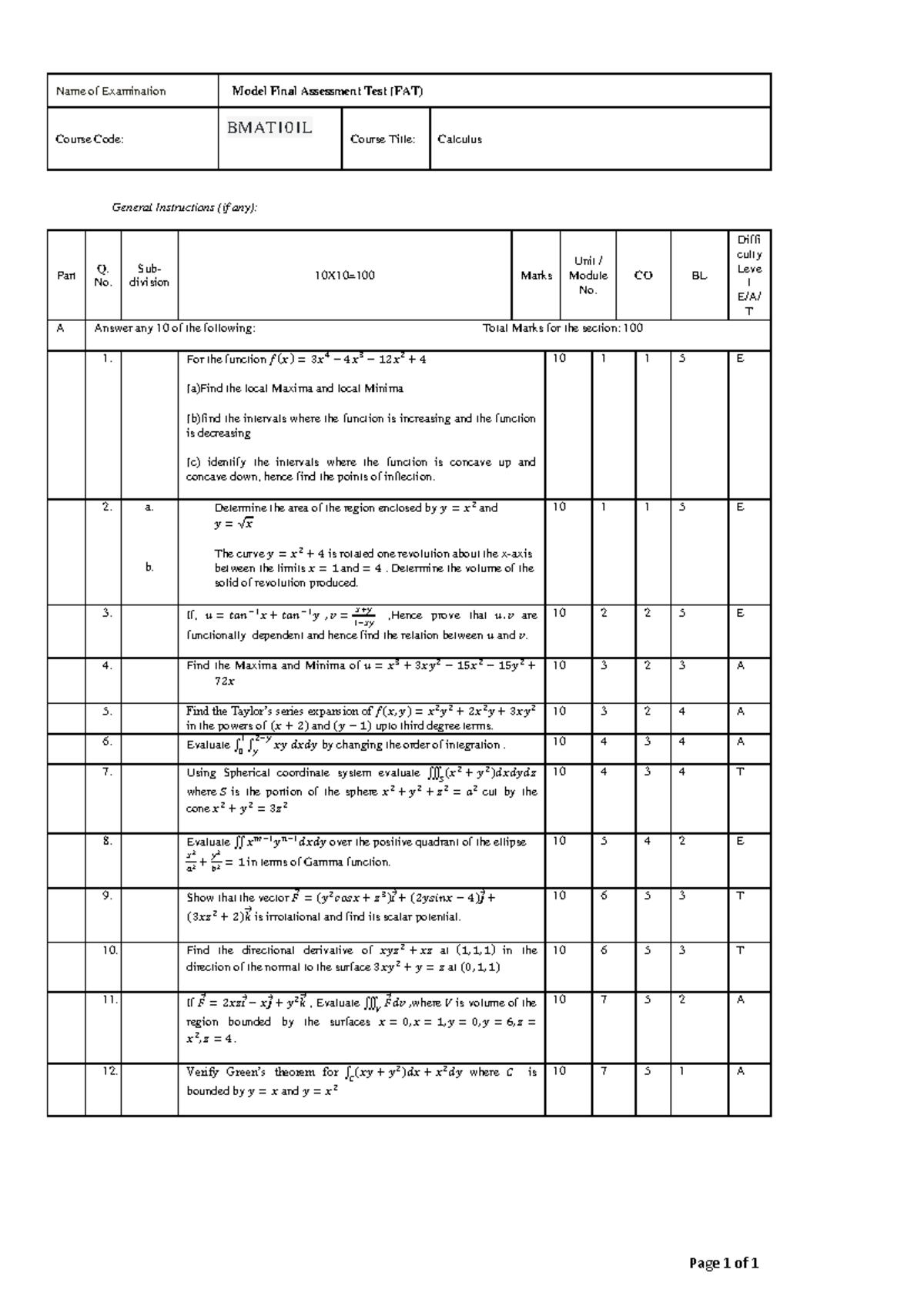 Model QP-FAT-BMAT101L - Page 1 of 1 Name of Examination Model Final ...