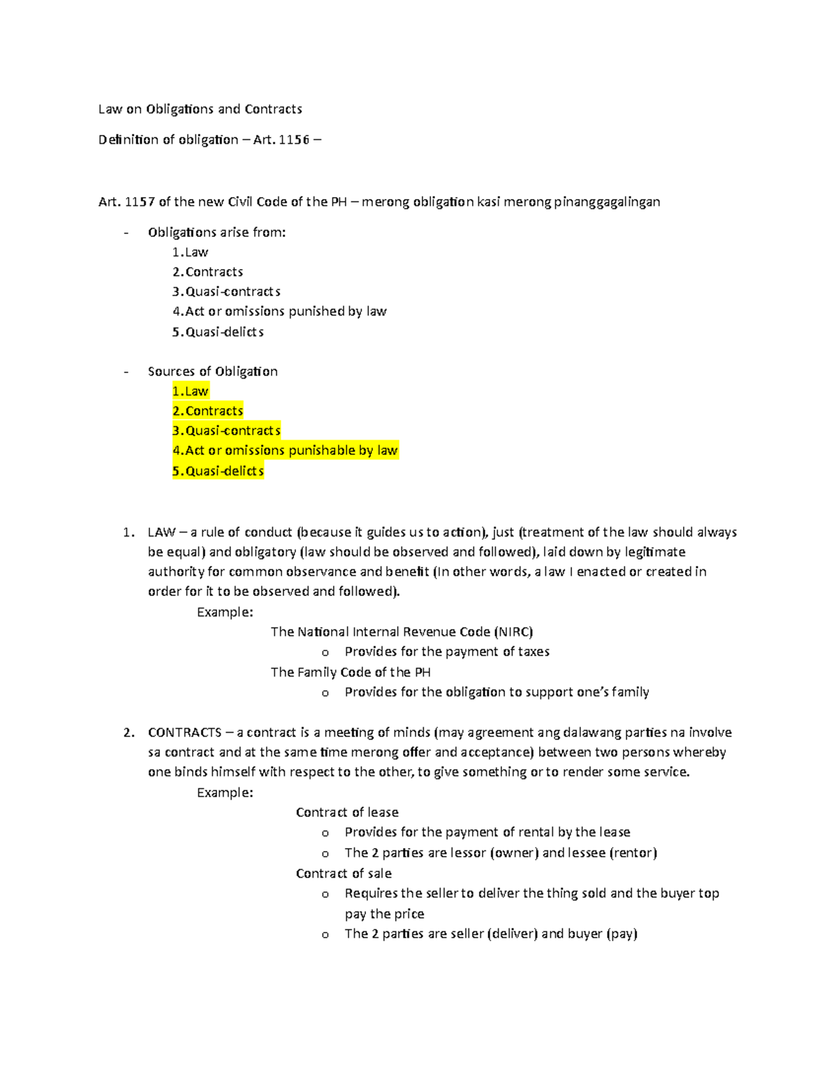 Article 1157 OBLICON Law On Obligations And Contracts Definition Of