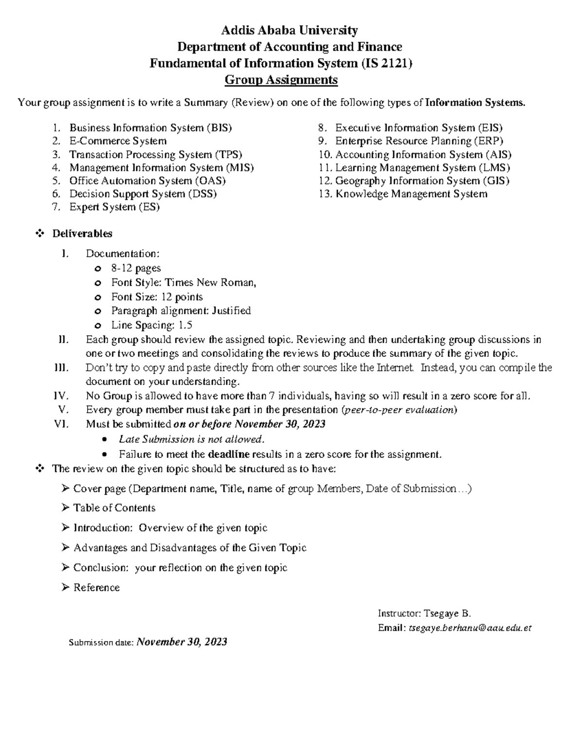 Is 2121 group assignment 2 - Addis Ababa University Department of Accounting and Finance ...