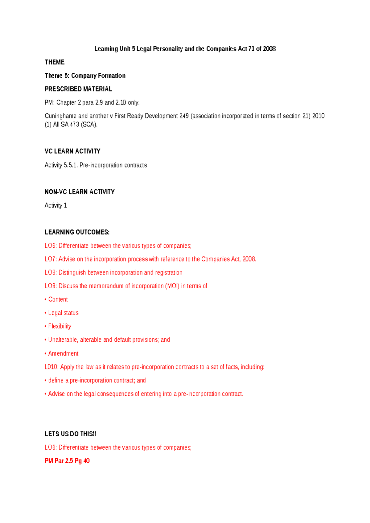 LU5 Theme 5 - Learning Unit 5 Legal Personality and the Companies Act ...