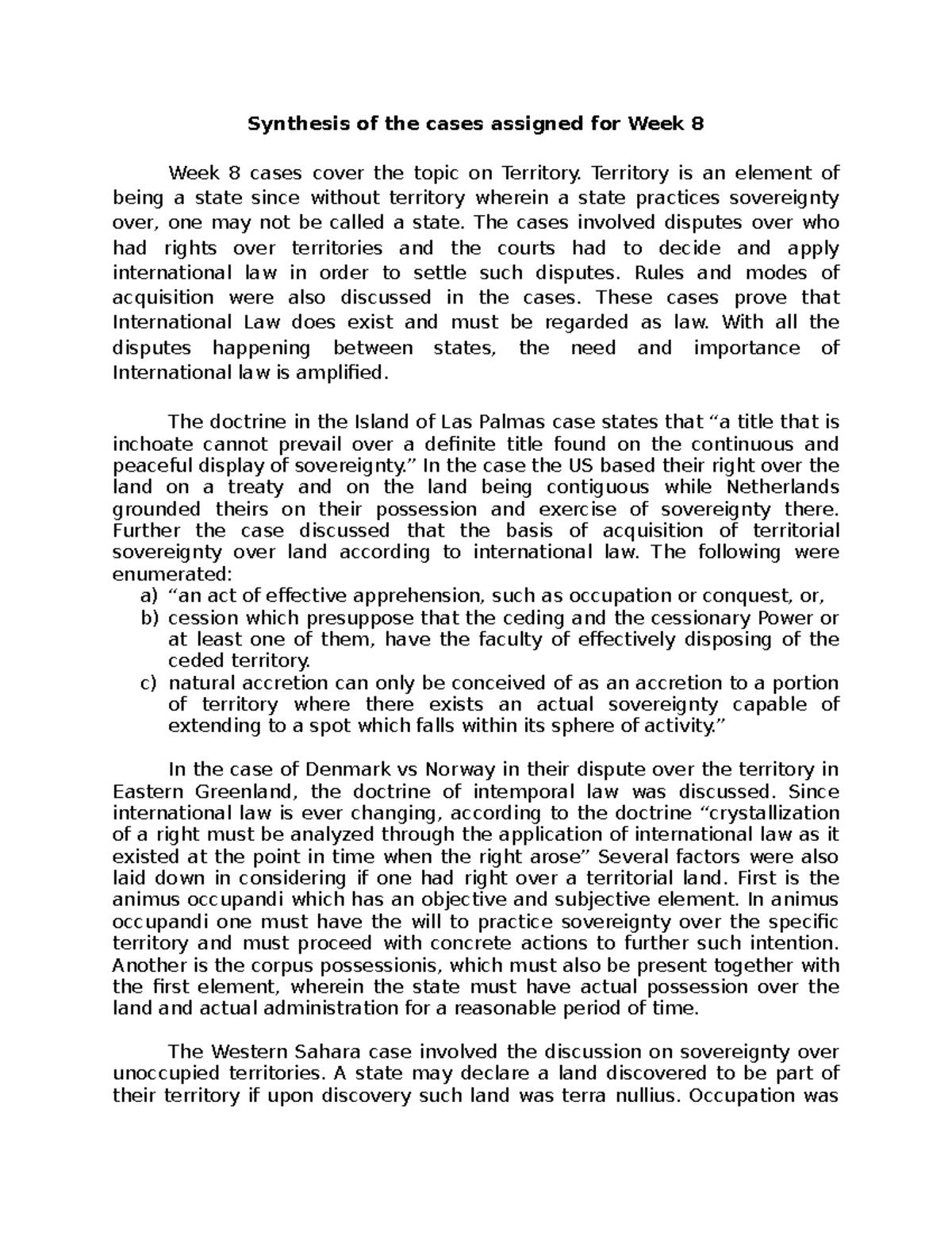 Synthesis of the cases assigned for Week 8 - Territory is an element of ...