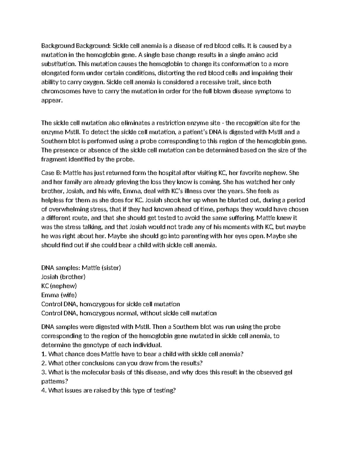 Genetic Case Study C2 - Used in lab - Background Background: Sickle ...