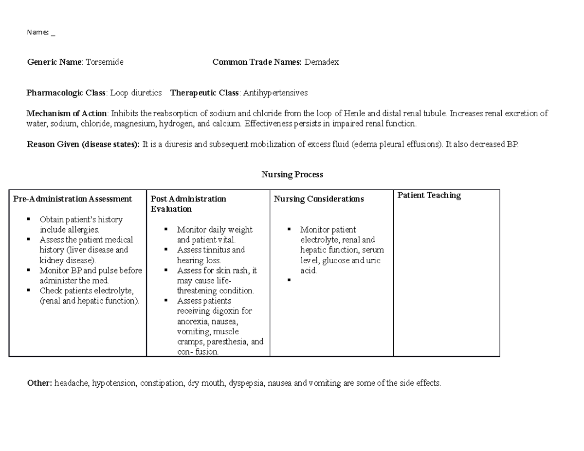 Medication Card Template to learn medication - Name: _ Generic Name ...