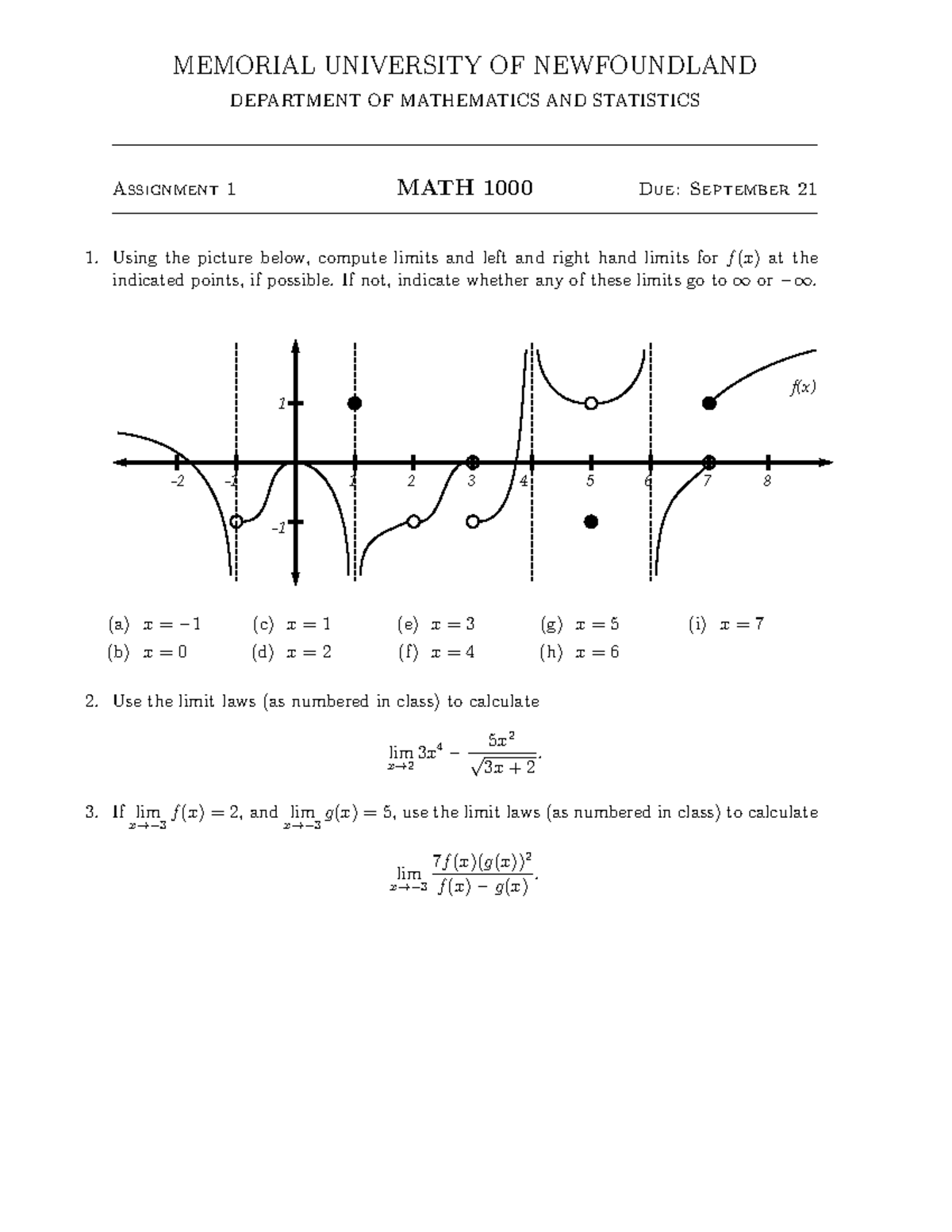 Assignment 1 , Math 1000 - MEMORIAL UNIVERSITY OF NEWFOUNDLAND ...