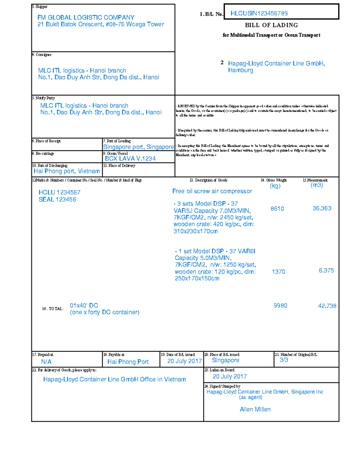 MBL - good - 2 Place of Receipt 7. Port of Loading Pre-carriage 9 ...