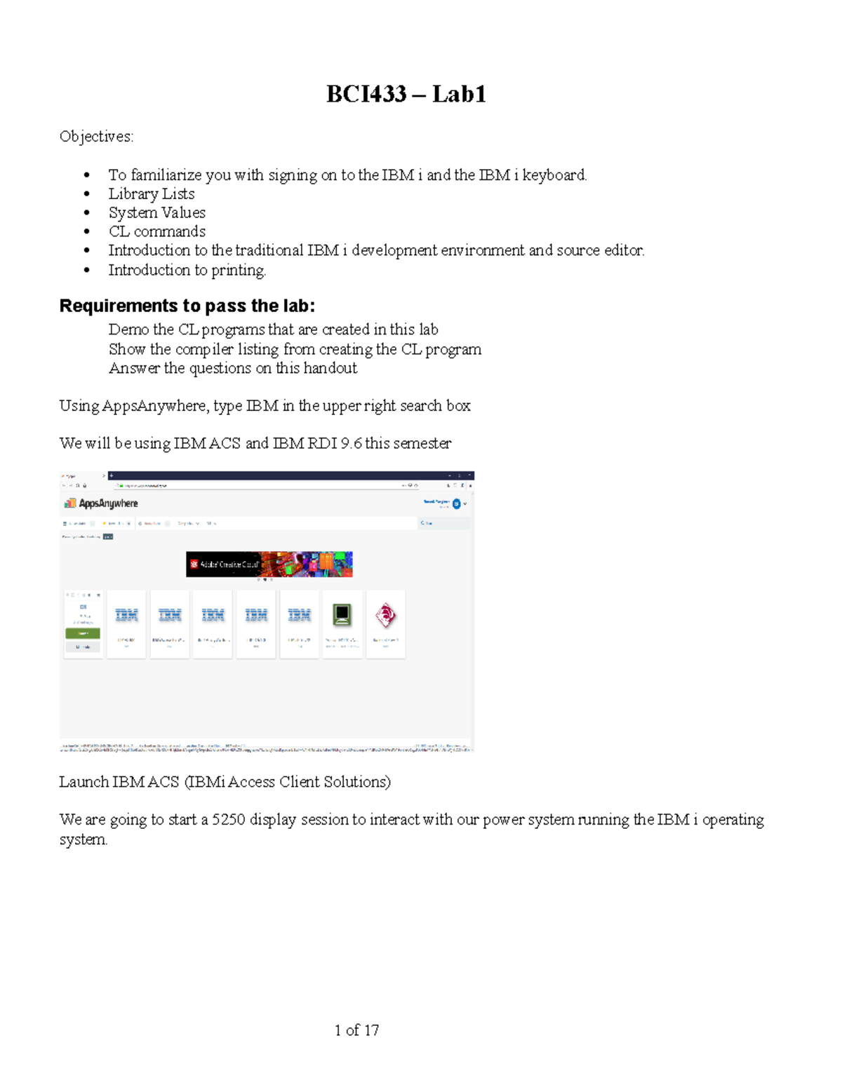 Lab1 - This is Lab01 in BCI433 - BCI433 – Lab Objectives: To familiarize you with signing on to ...