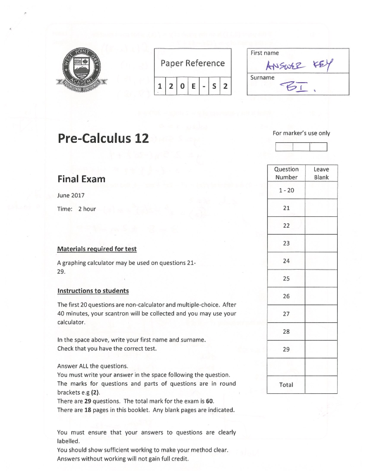 Pre-Calculus 12 S2 key - ejrhfbr - POINT First name THERE COFFEE Paper ...