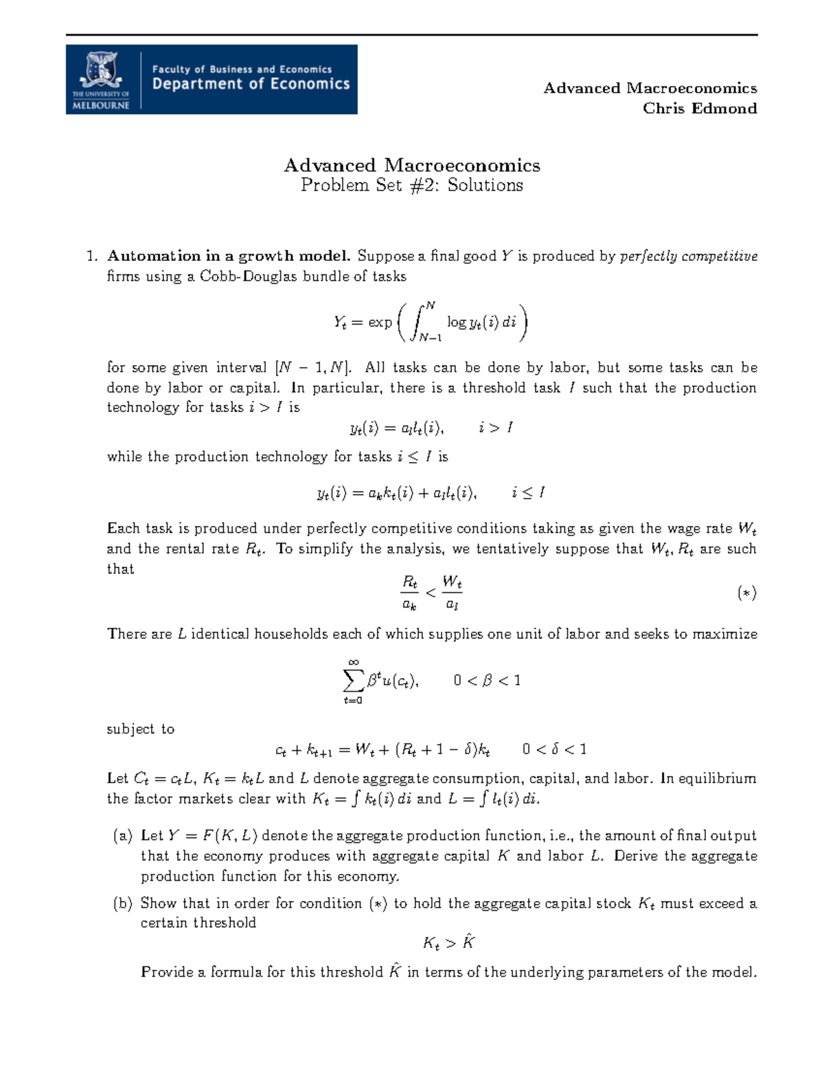 Econ40002 ps2 solutions - Advanced Macroeconomics Chris Edmond Advanced ...