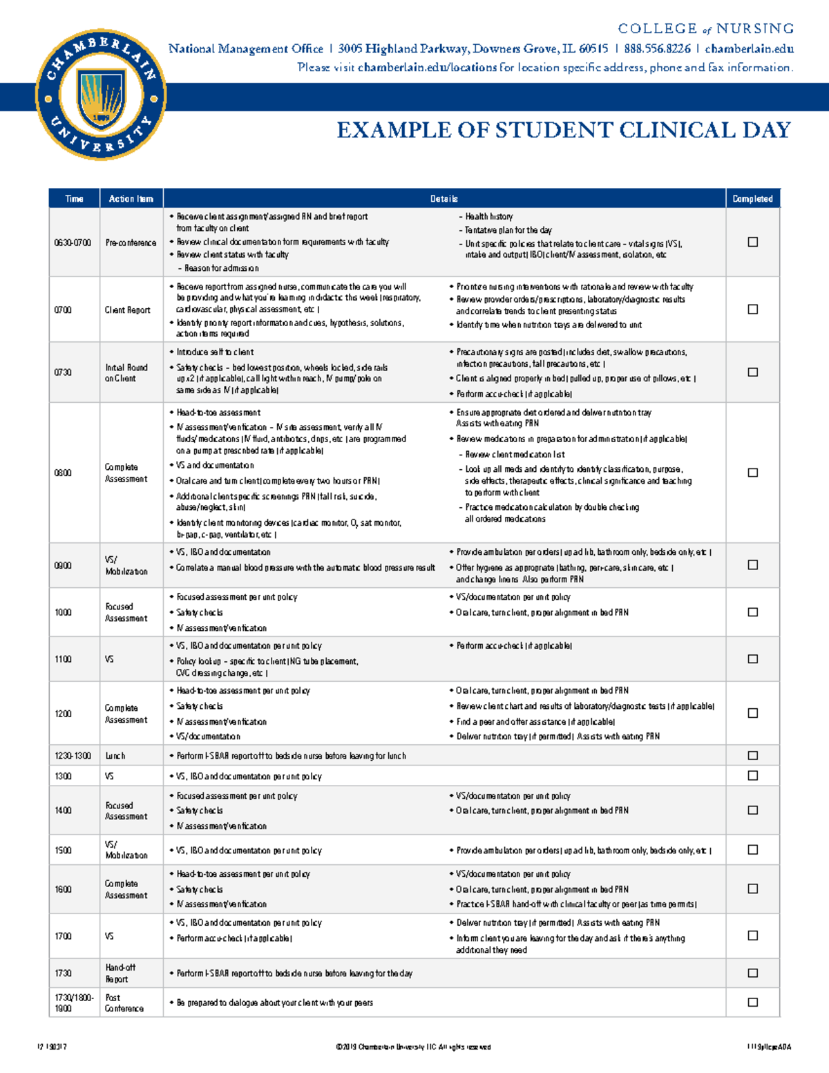 Example of Student Clinical Day - 12-190317 ©2019 Chamberlain ...