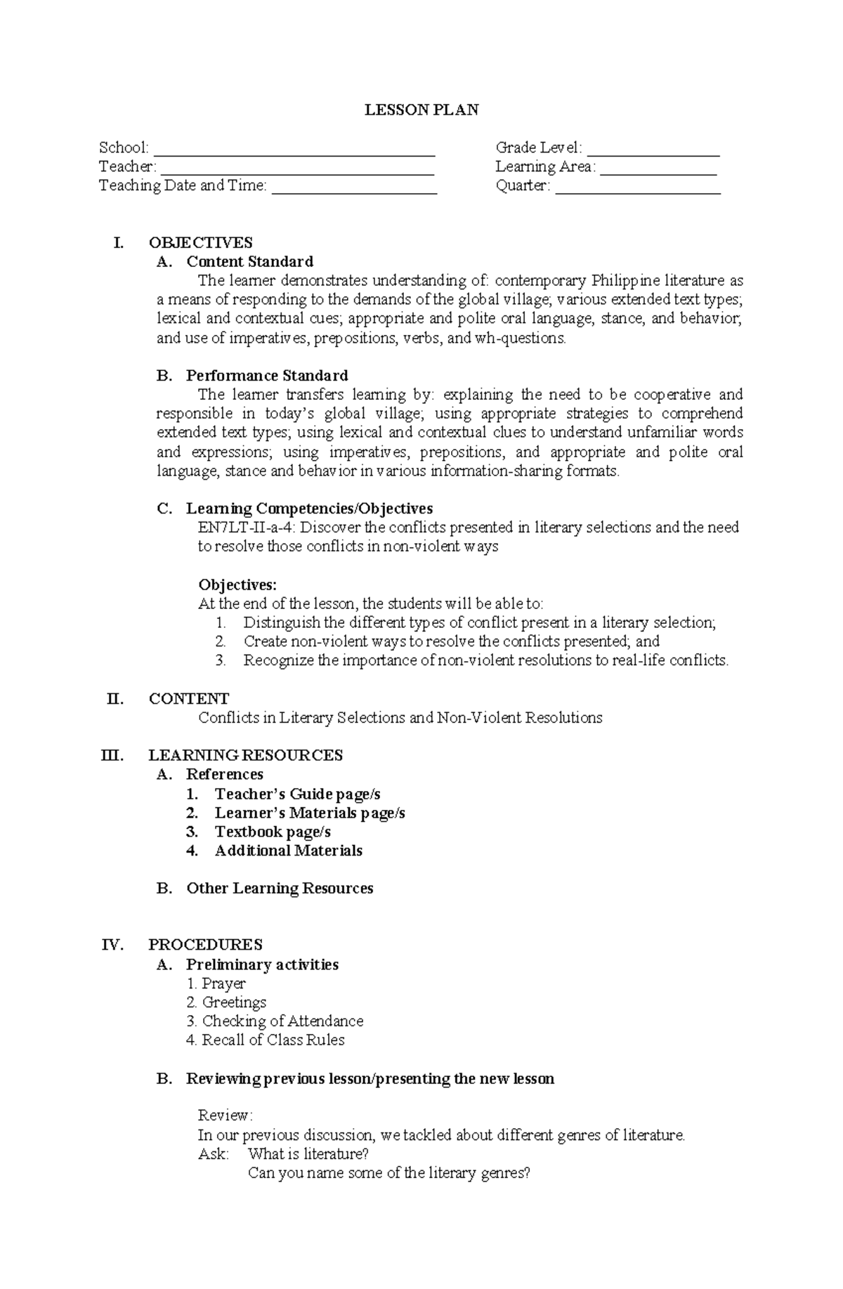 ENG7-Q4-5 - Lesson Plan in English 7 - LESSON PLAN School