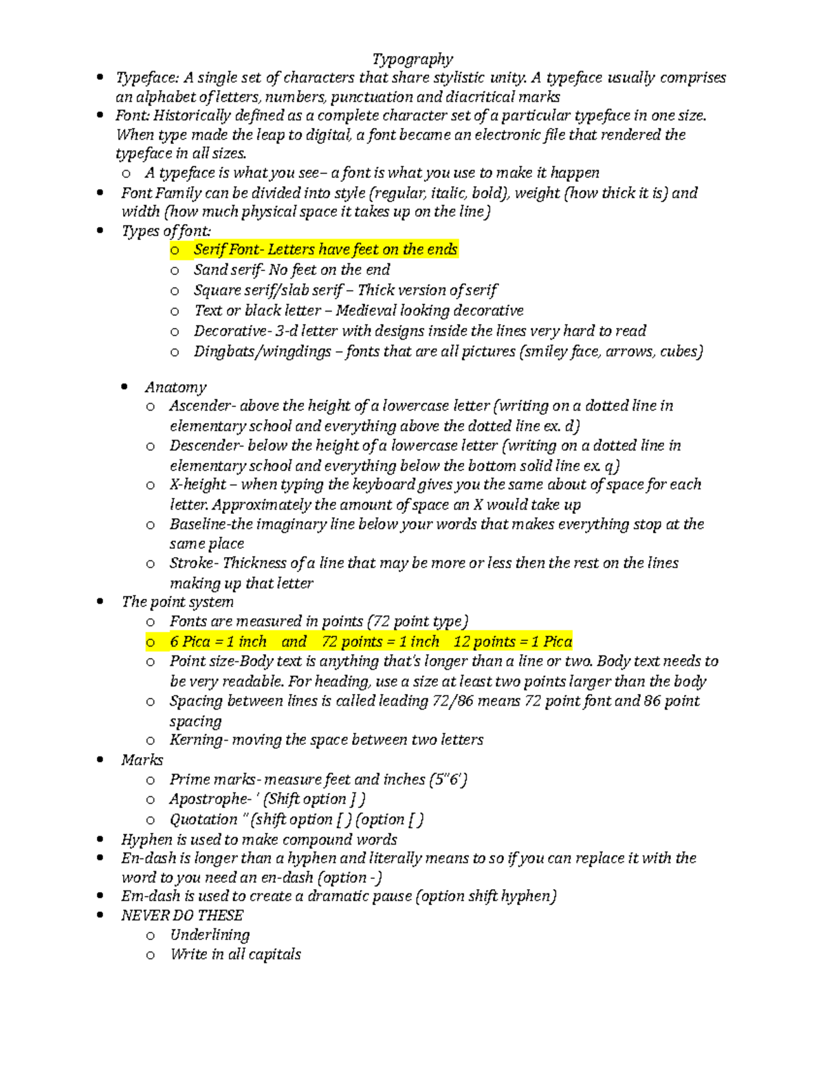 Typography Notes - Typography Typeface: A single set of characters that ...