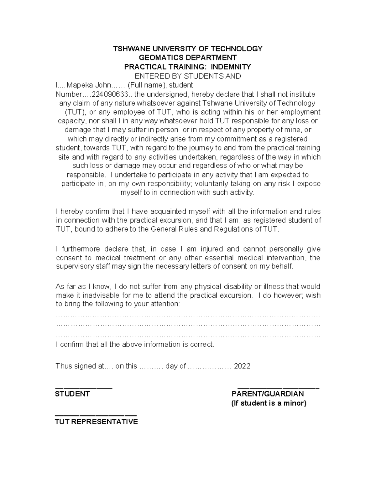 Indemnity form - am a focused and concetrating student - TSHWANE ...