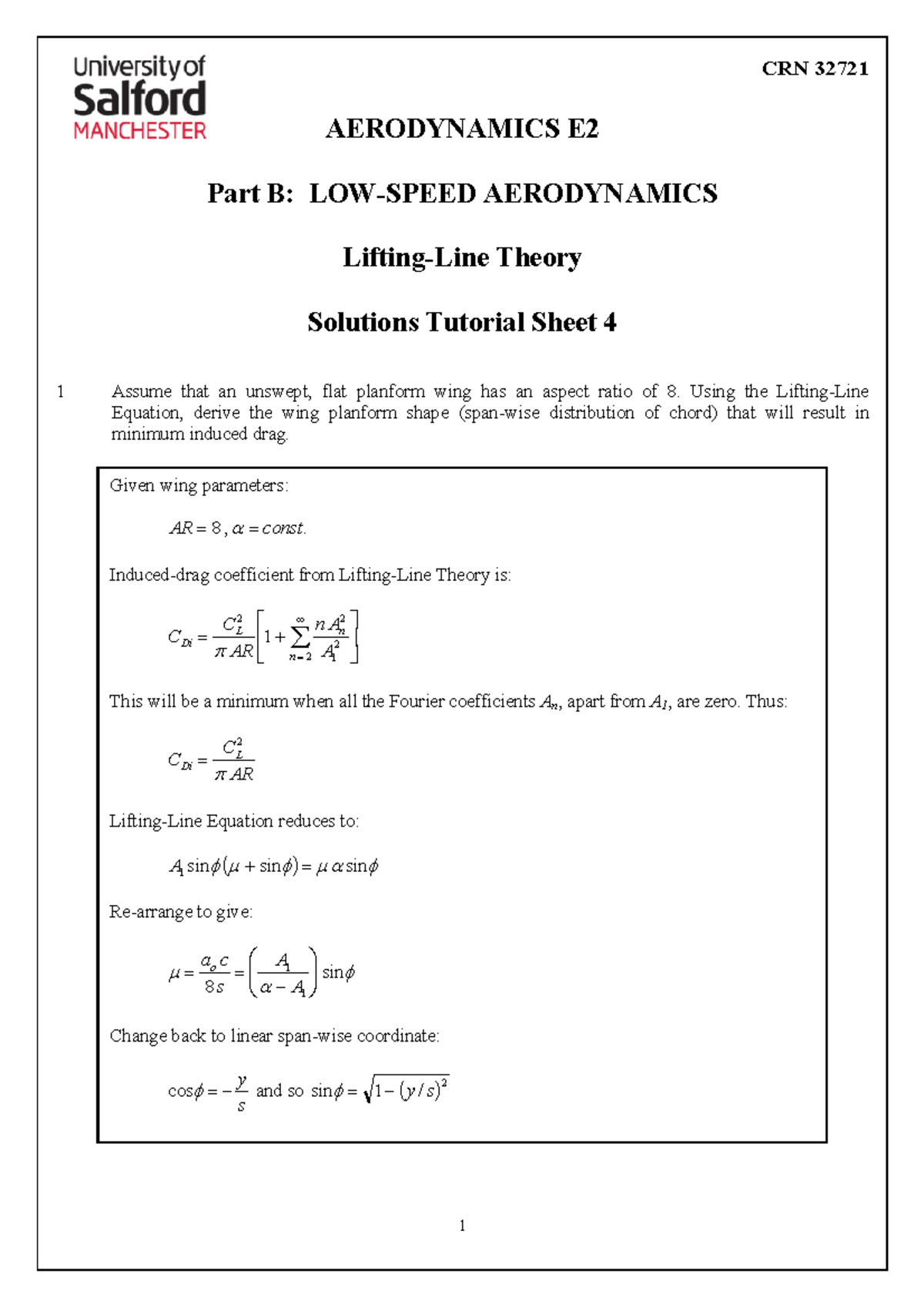Part B Solutions Tutorial Sheet 4 - AERODYNAMICS E Part B: LOW-SPEED ...