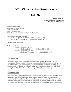 Sample midterm 2 2024 - practice exam for exam 2 - Econ 352: Intermediate Macro Prof. Cathy ...