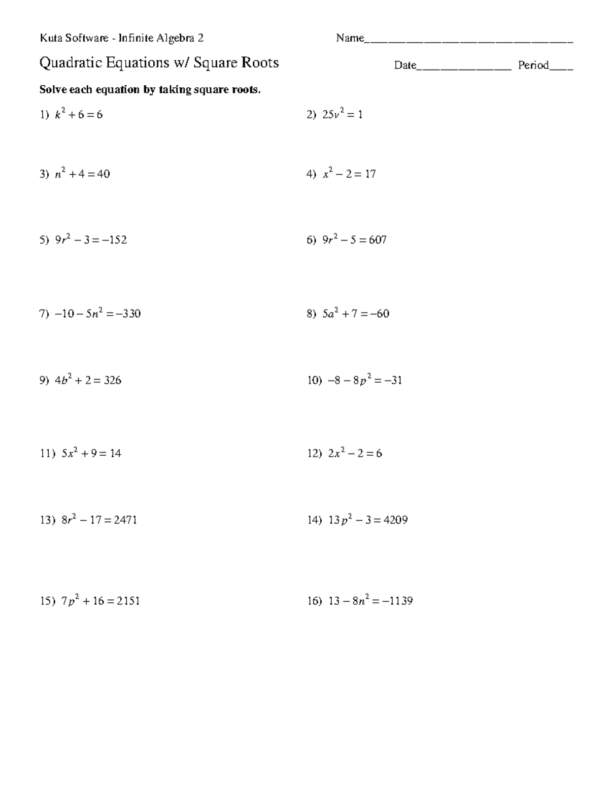 Quadratic Equations Square Roots - ©N v 2 Y 0 s 1 h 1 q 8 KnuItiap xS 2 ...