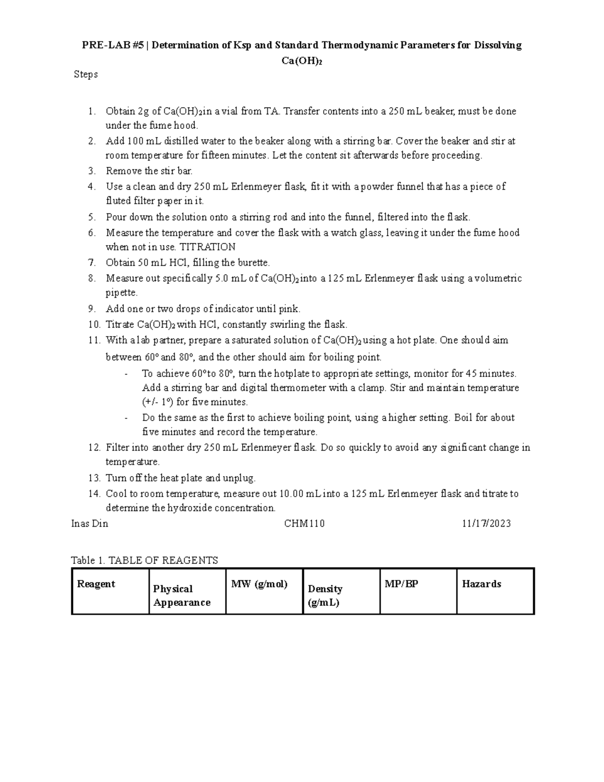 PRE-LAB ^N5 - Lab 5 - PRE-LAB #5 | Determination of Ksp and Standard ...