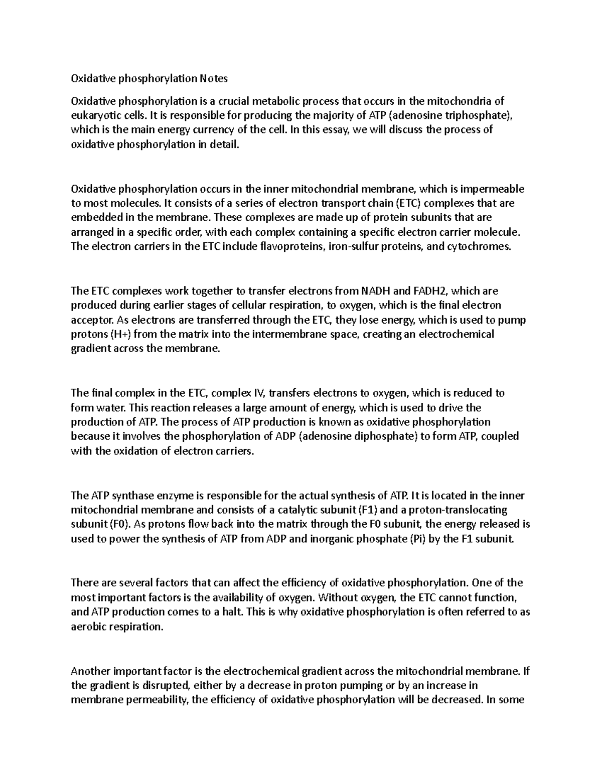 Oxidative phosphorylation Notes - Oxidative phosphorylation Notes ...