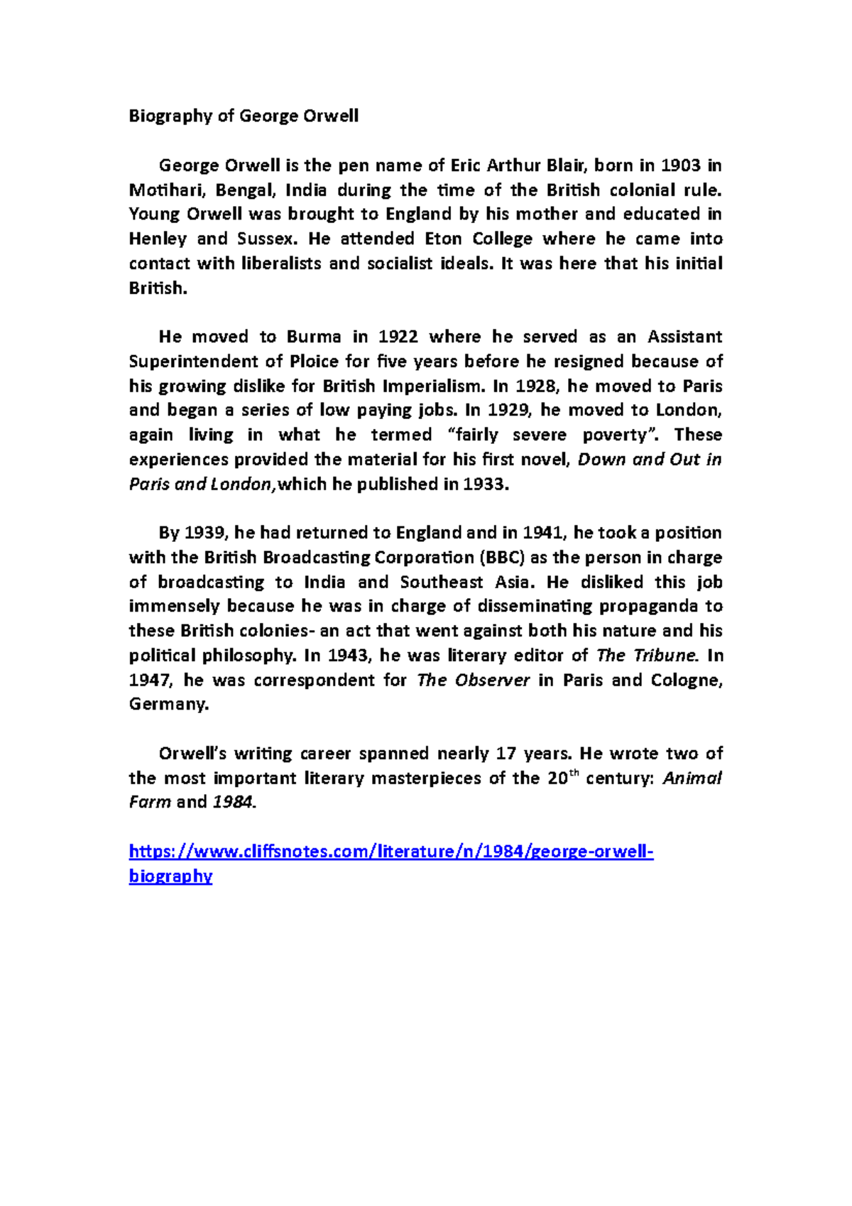 Biography of George Orwell-1-1 - Biography of George Orwell George ...