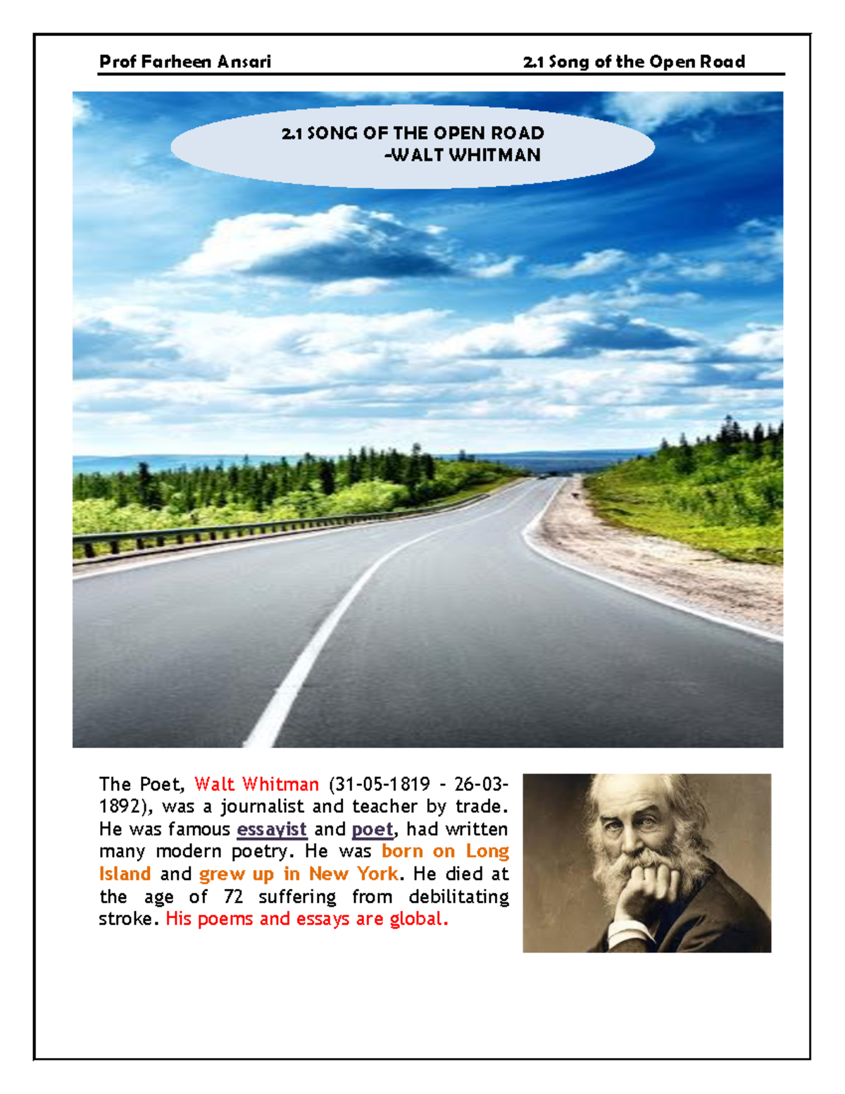 2.1 Song of the Open Road - The Poet, Walt Whitman ( 31 - 05 - 1819 ...