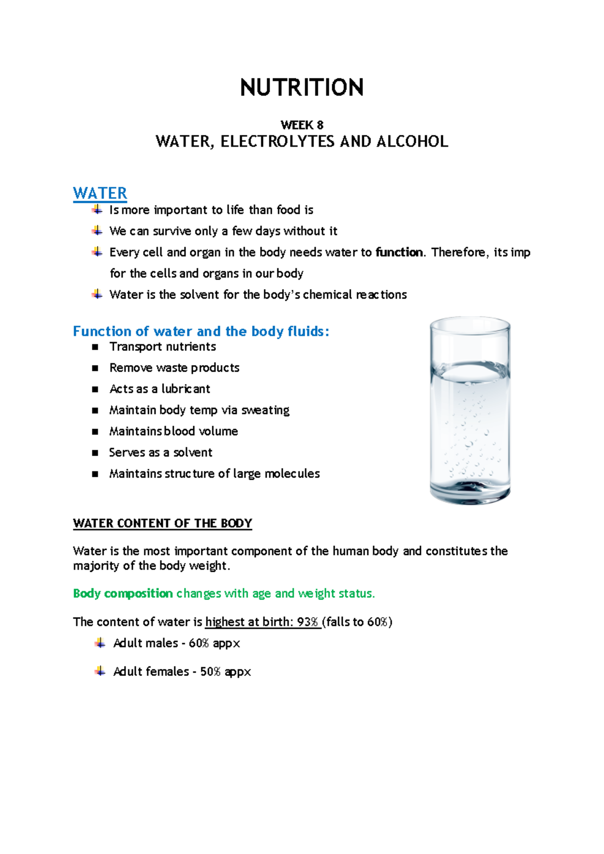 Comprehensive notes for DTN1NHW Lecture 8 - Water, electrolytes and ...