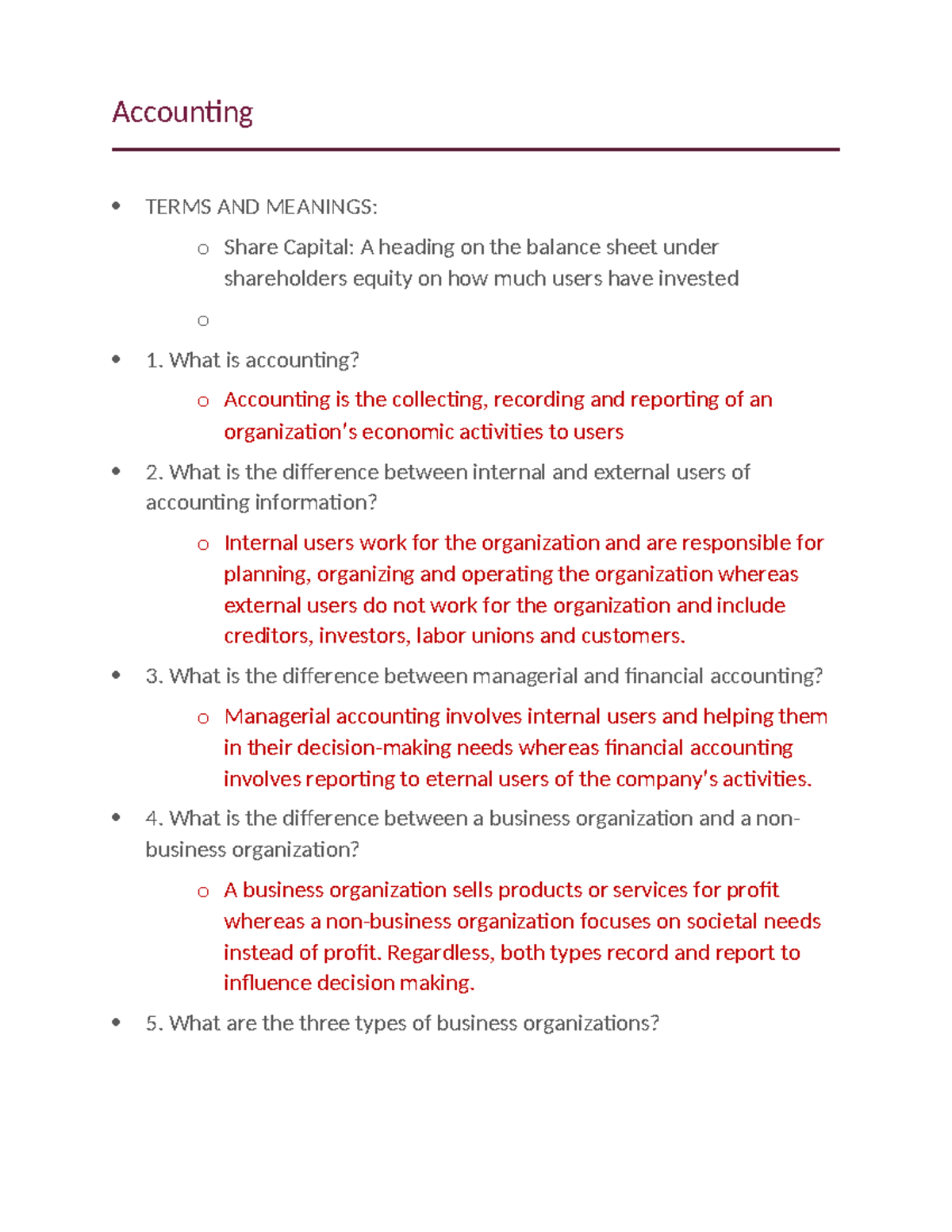 Notes - Accounting TERMS AND MEANINGS: o Share Capital: A heading on ...