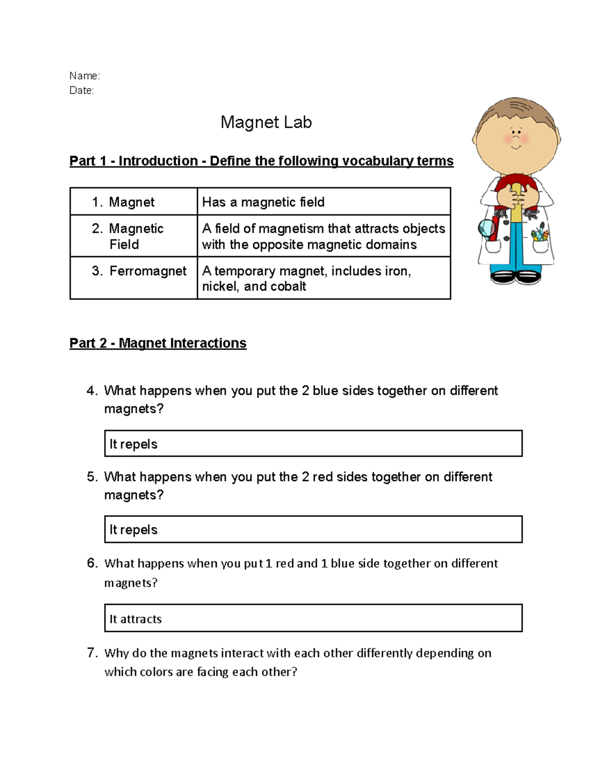 Super Cool Magnet Lab - Name: Date: Magnet Lab Part 1 - Introduction ...