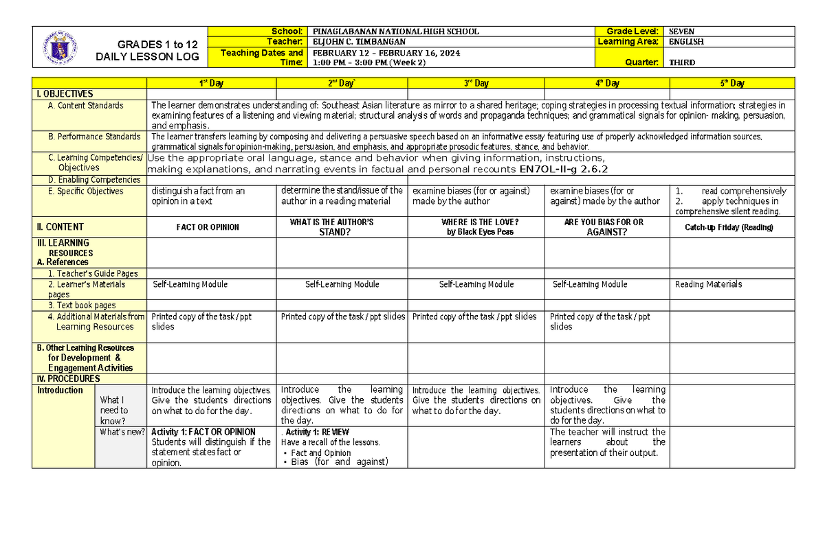 Grades 1 to 12 Daily Lesson LOG - GRADES 1 to 12 DAILY LESSON LOG ...