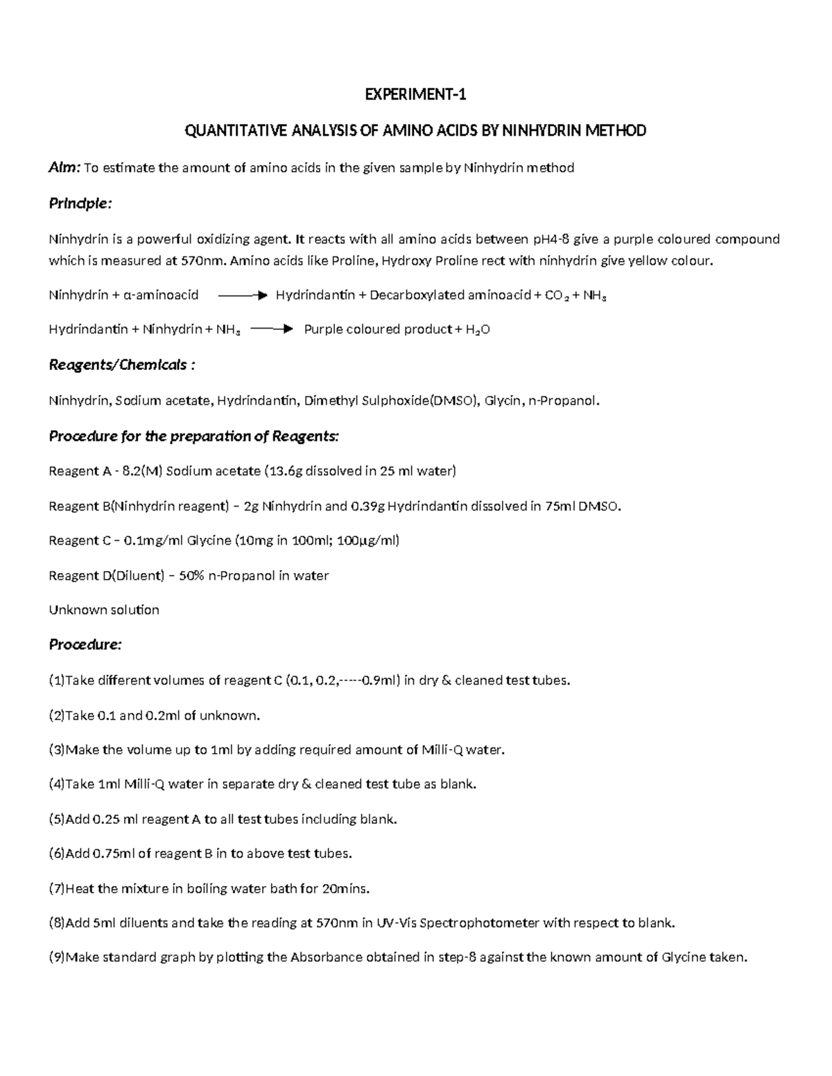 Biochemistry-expt - This is lab assignment - EXPERIMENT- QUANTITATIVE ANALYSIS OF AMINO ACIDS BY ...