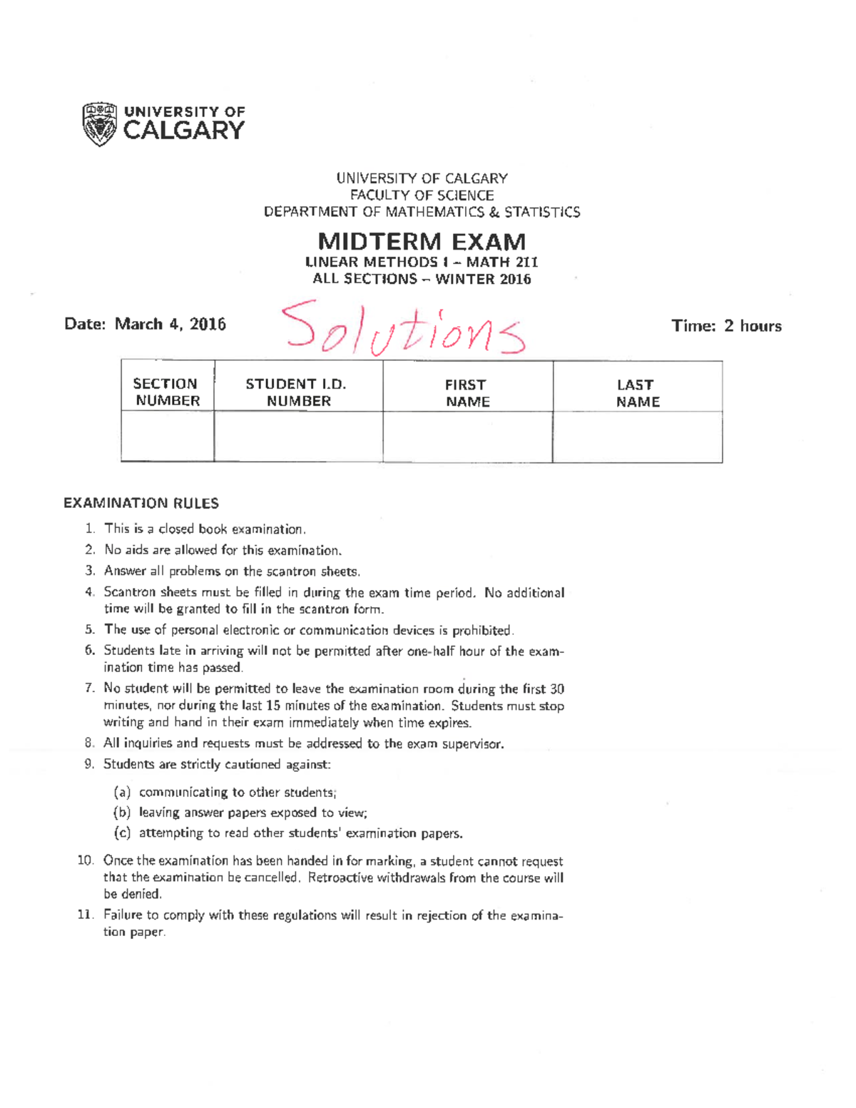 Exam March 2016 Questions And Answers Midterm Math 211 Warning Decodescan Unexpected