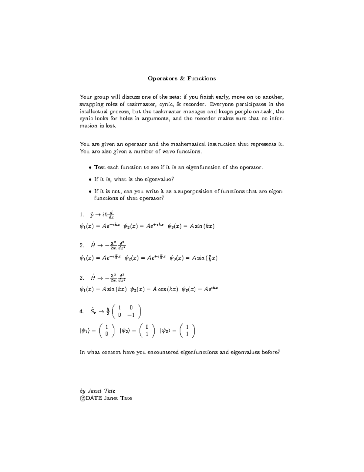 Operators on functions - Operators Functions Your group will discuss ...